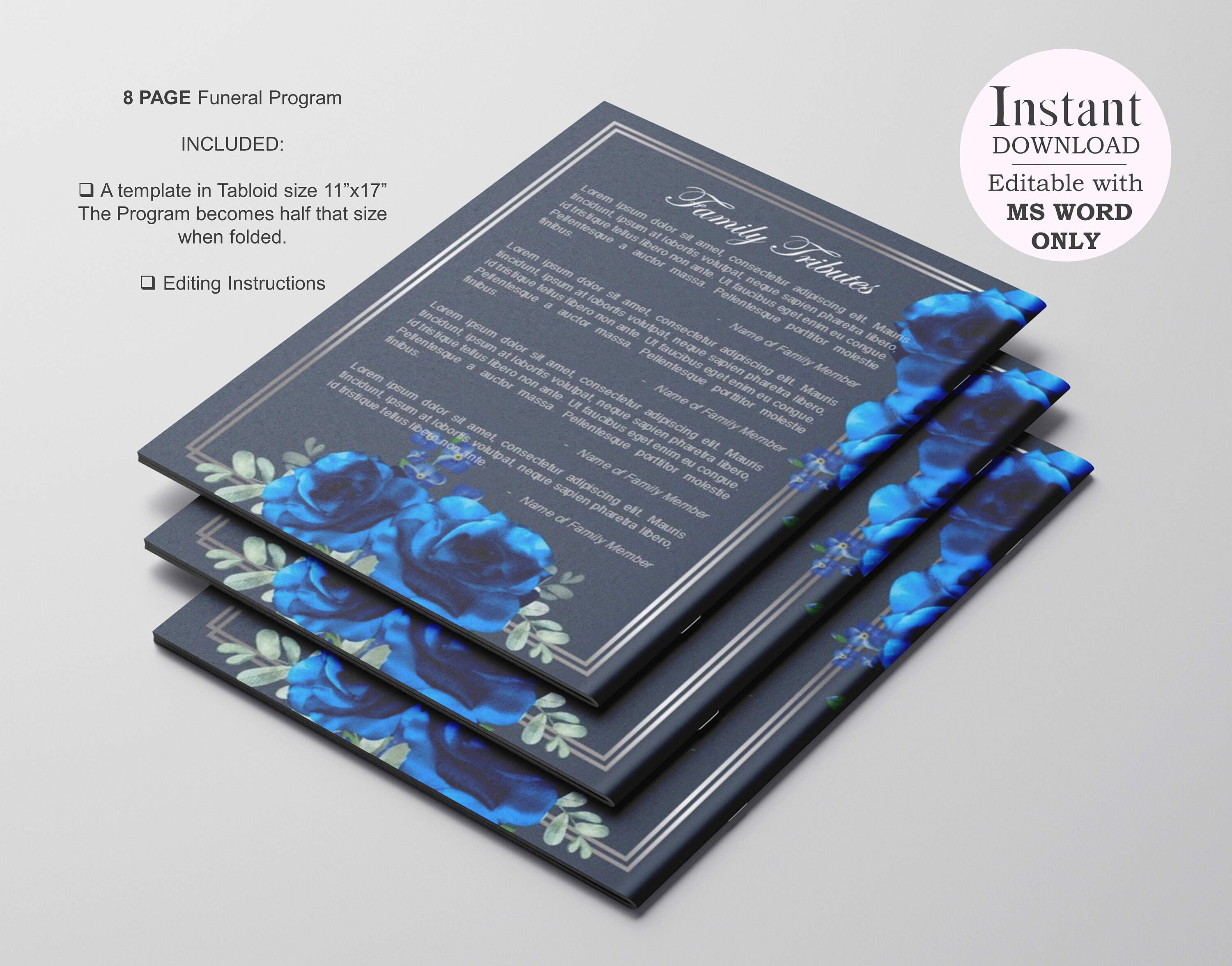 8 Page Blue Flowers Funeral Program Template in Tabloid Size | Etsy