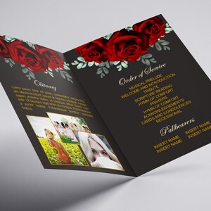 4 Page Red Gold Funeral Program Template, Celebration of Life, Obituary ...