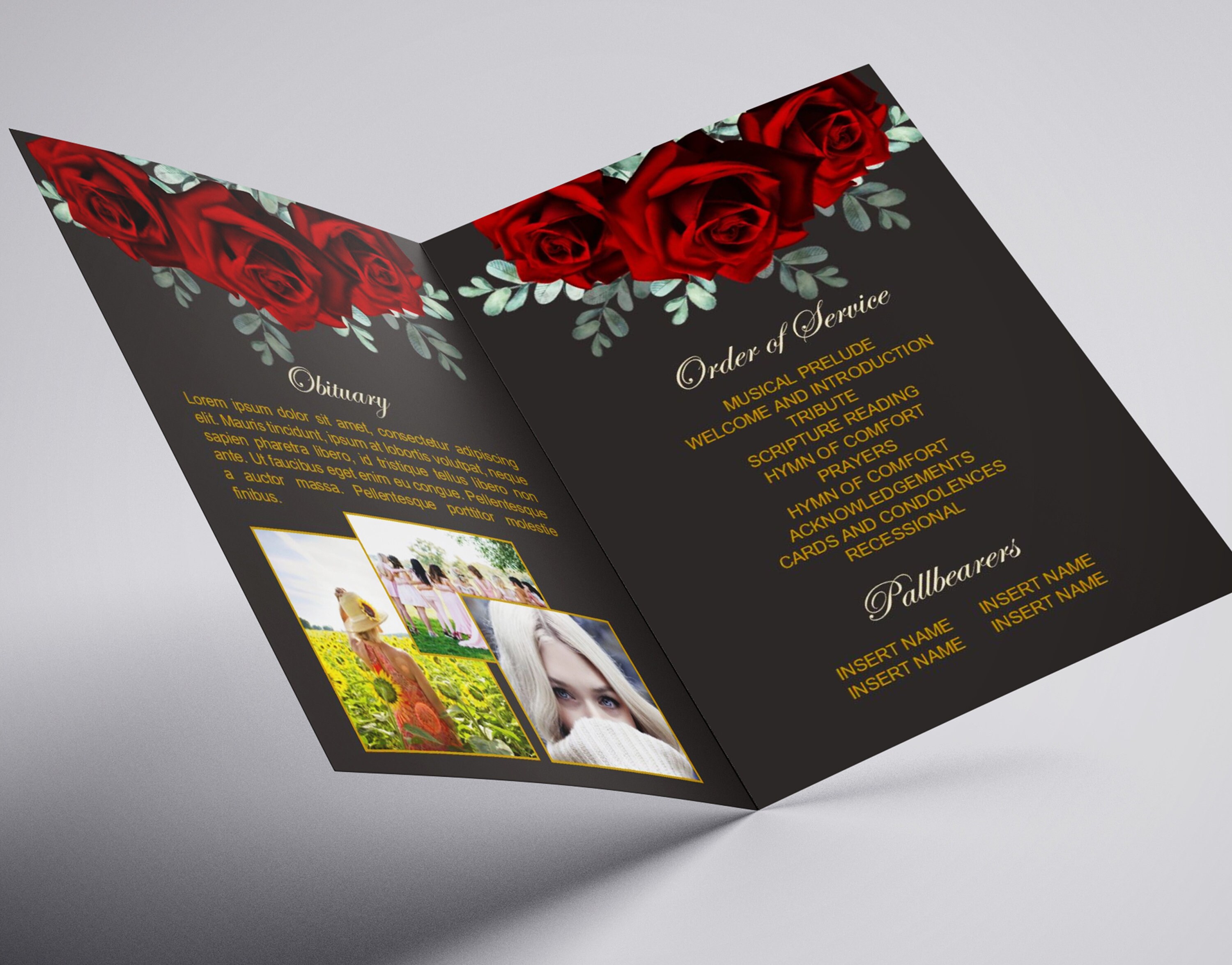 4 Page Red Gold Funeral Program Template Celebration of Life - Etsy