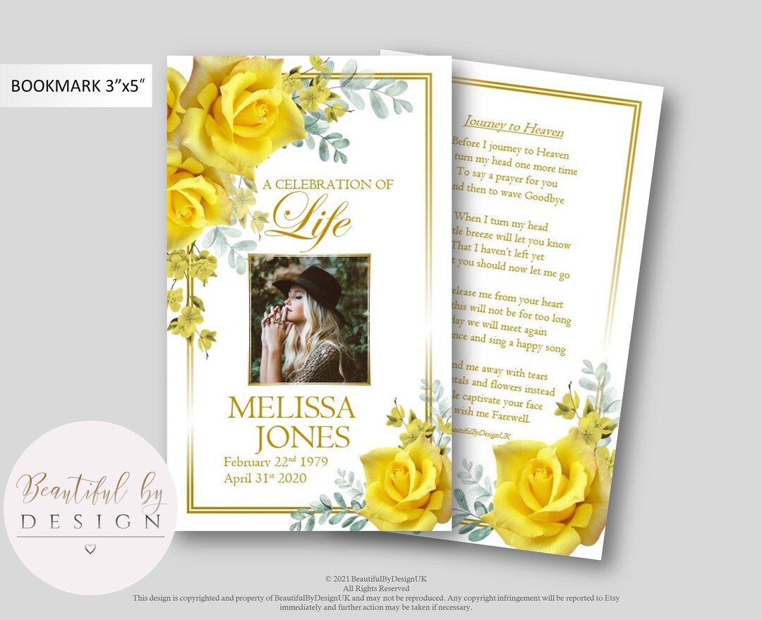 Yellow Flowers Funeral Prayer Card/bookmark With Photo, in Loving ...