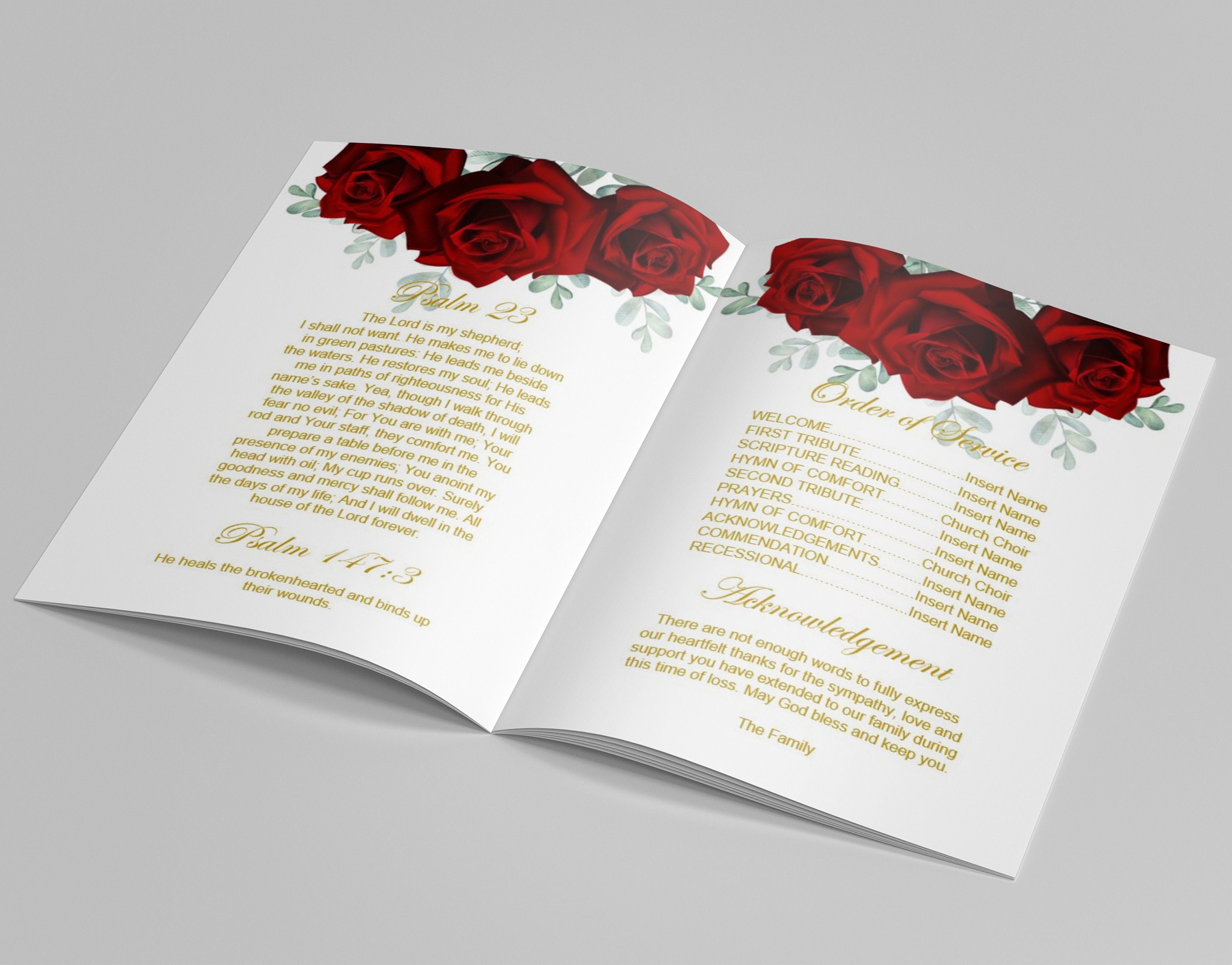 8 Page Red Roses Funeral Program Template Celebration of | Etsy