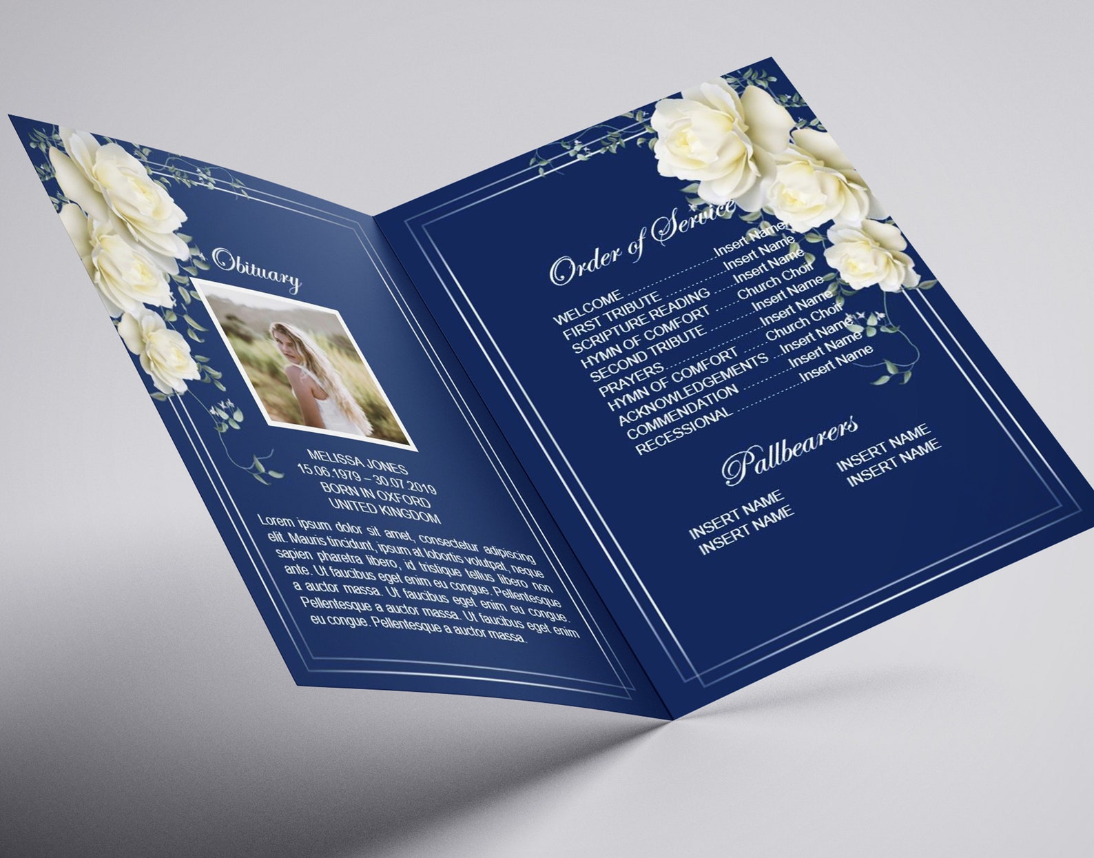 4 Page Elegant Navy Funeral Program Template, Celebration of Life ...