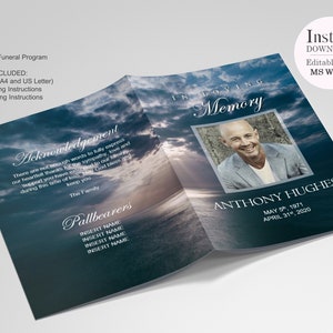 8 Page Sunset Funeral Program Template for Men, Celebration of Life ...