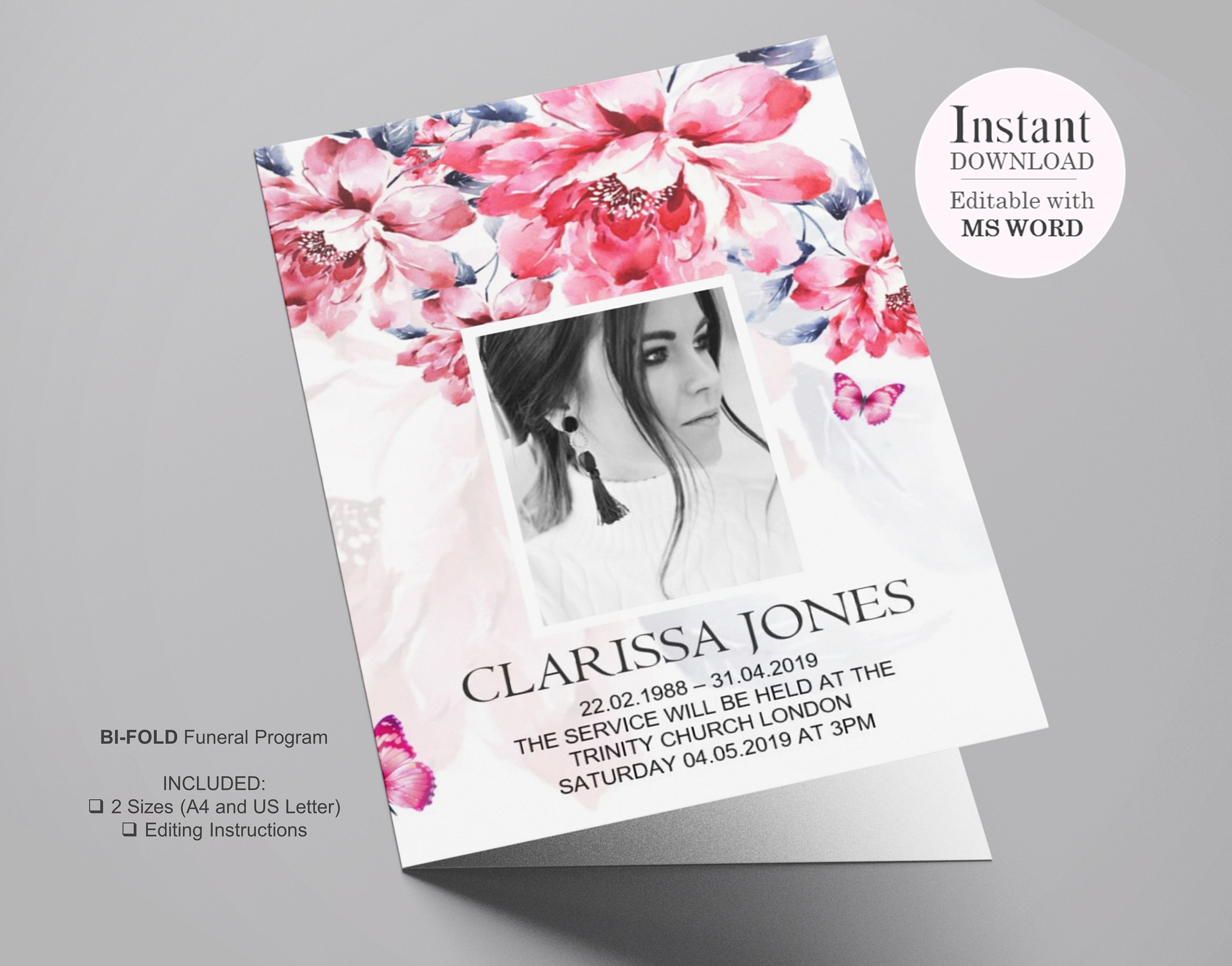 4 Page Red Flowers Funeral Program Template Celebration of - Etsy