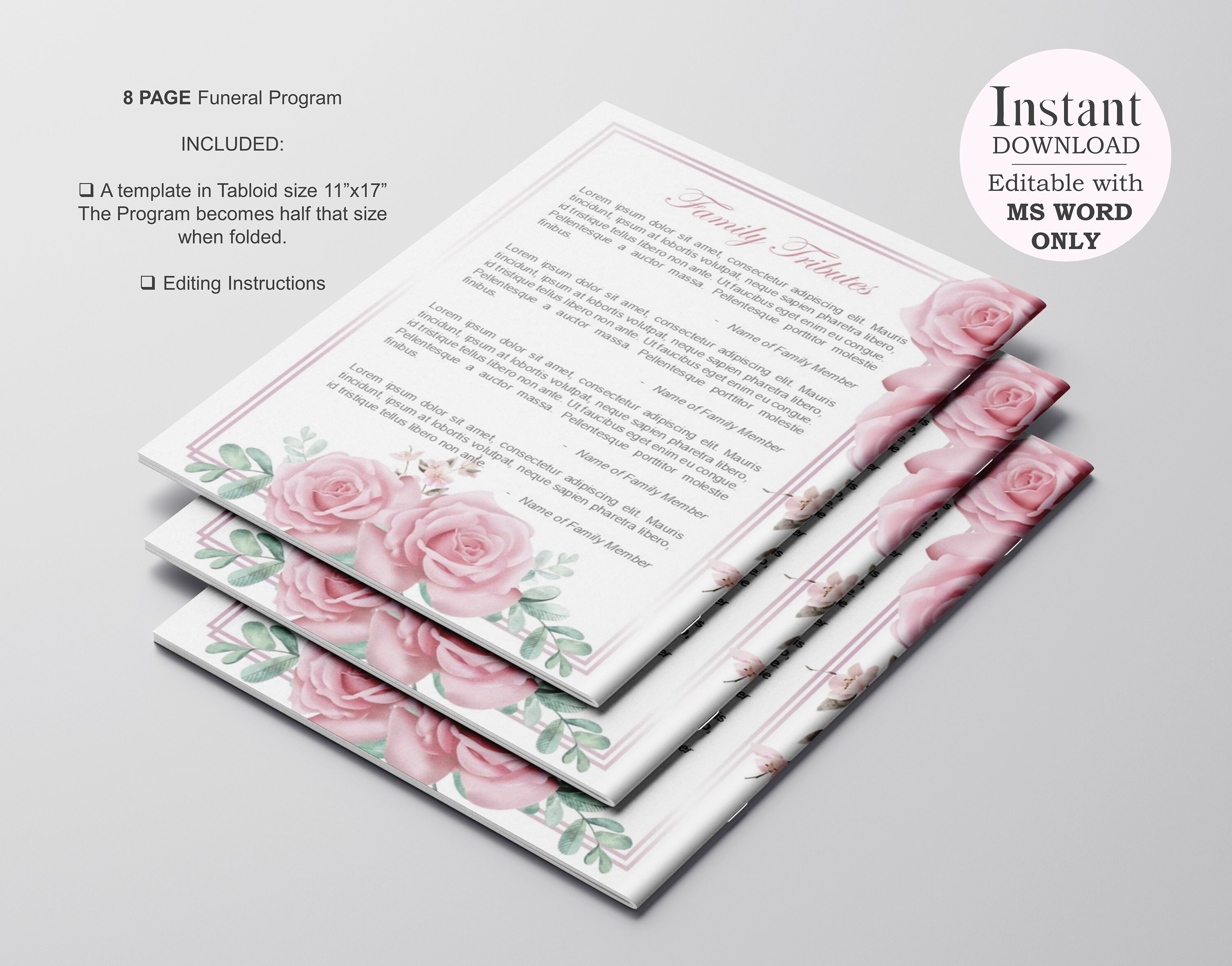 8 Page Pink Flower Funeral Program Template in Tabloid Size 11"x17 ...
