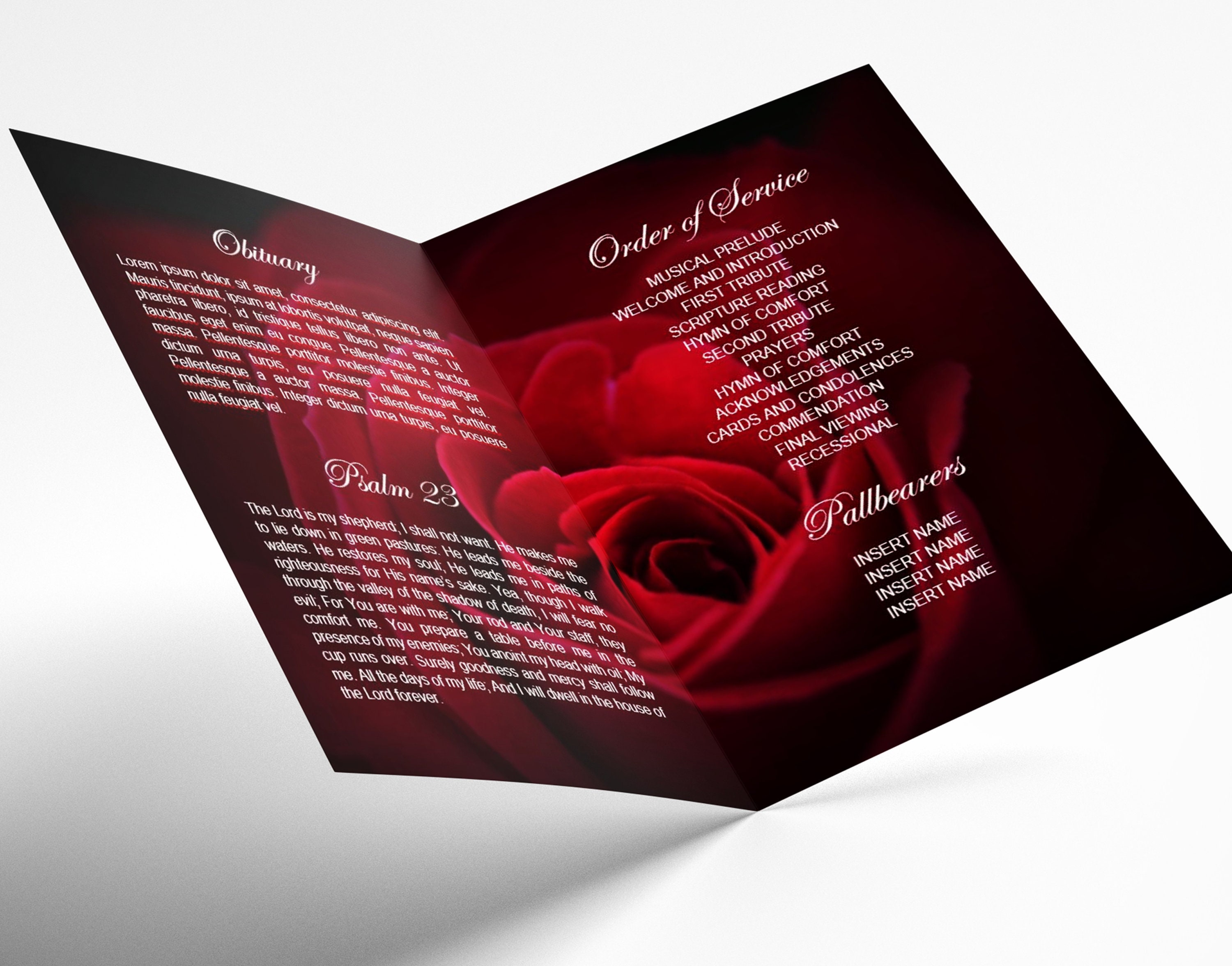 4 Page Red Rose Funeral Program Template for Women - Etsy