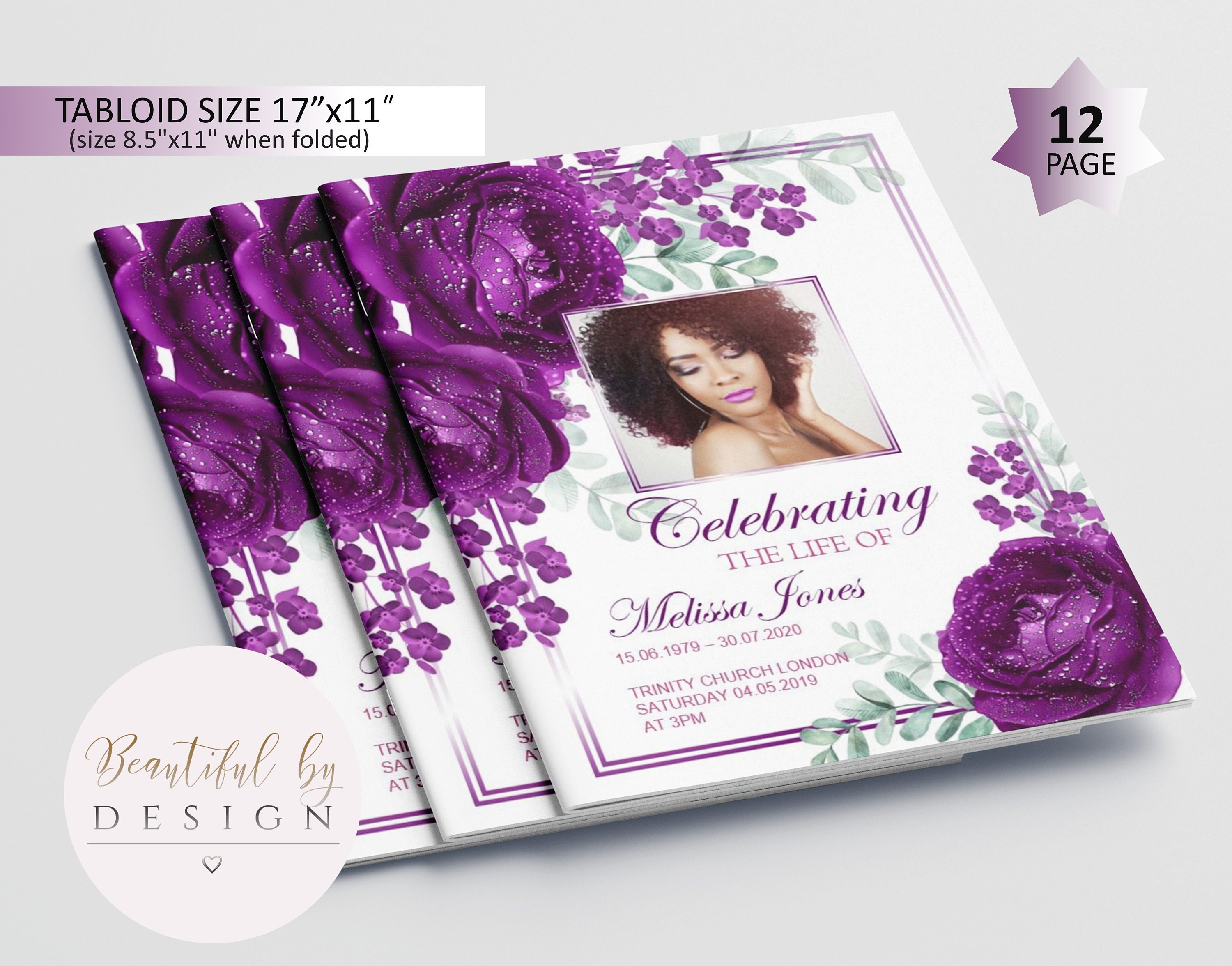 12 Page Purple Flowers Funeral Program Template, Celebration of Life ...