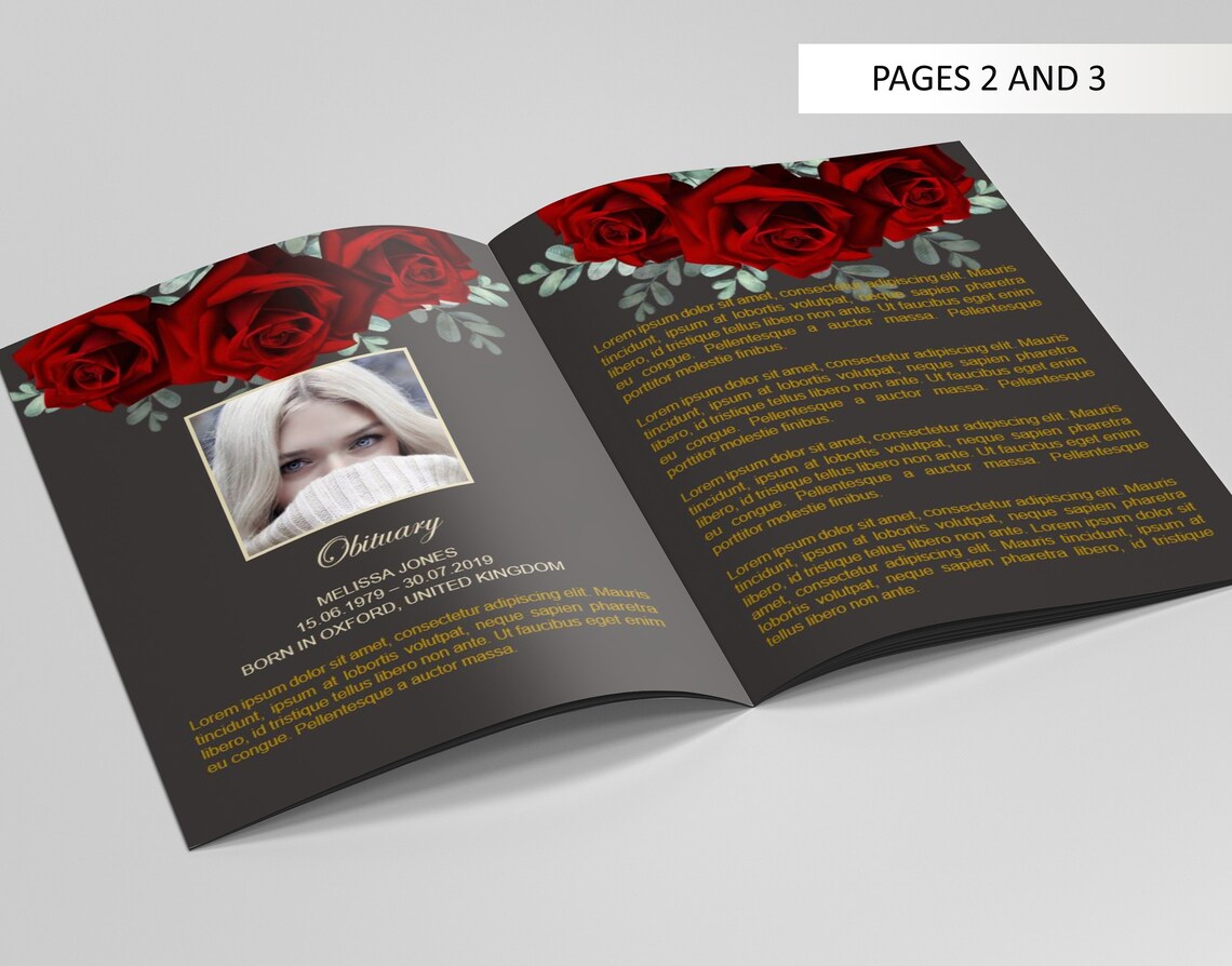 8 Page Red Gold Funeral Program Template, Celebration of Life, Obituary ...