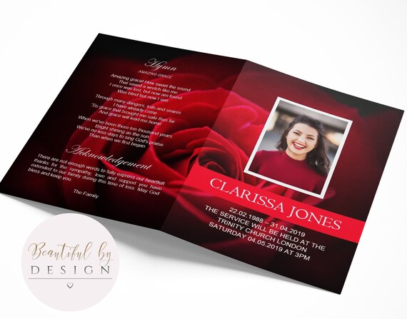 4 Page Red Rose Funeral Program Template for Women - Etsy Finland