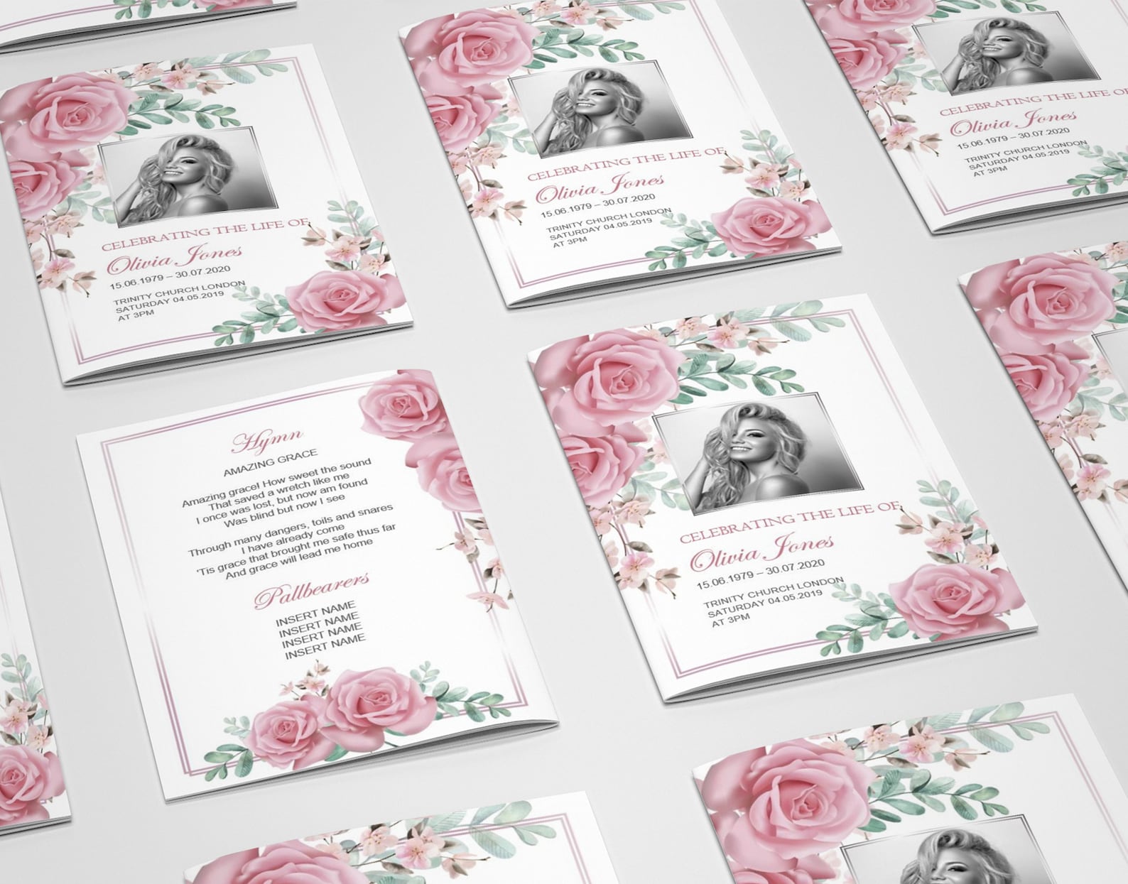 8 Page Pink Flowers Funeral Program Template, Celebration of Life ...