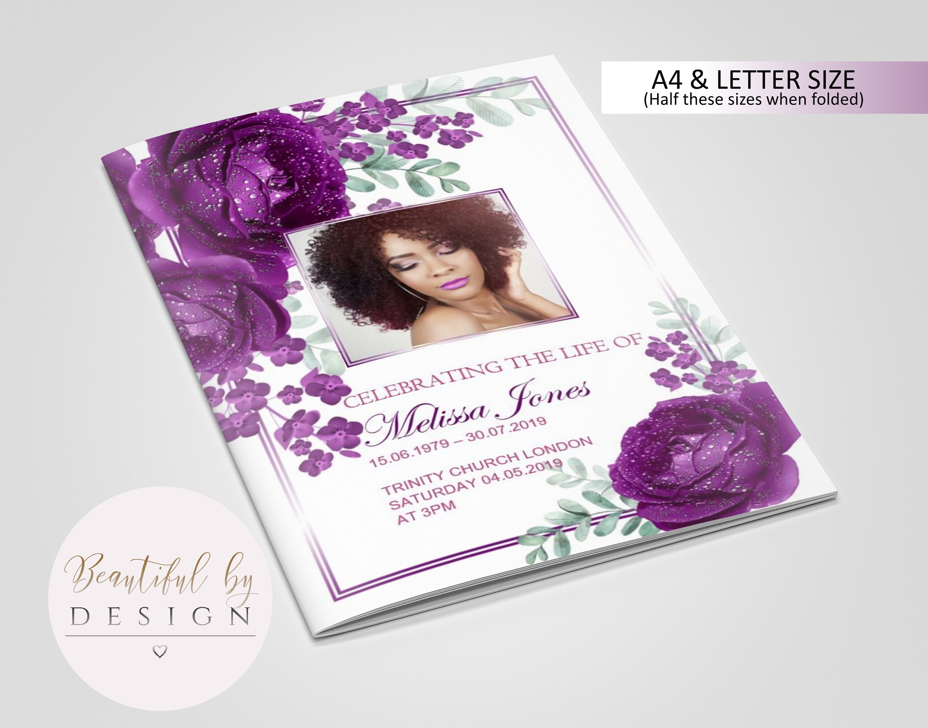 8 Page Purple Roses Funeral Program Template Celebration of | Etsy
