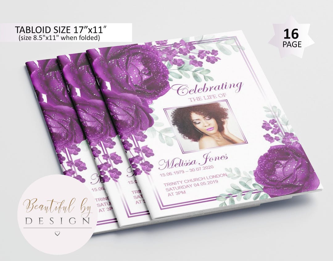 16 Page Purple Flowers Funeral Program Template, Celebration of Life ...