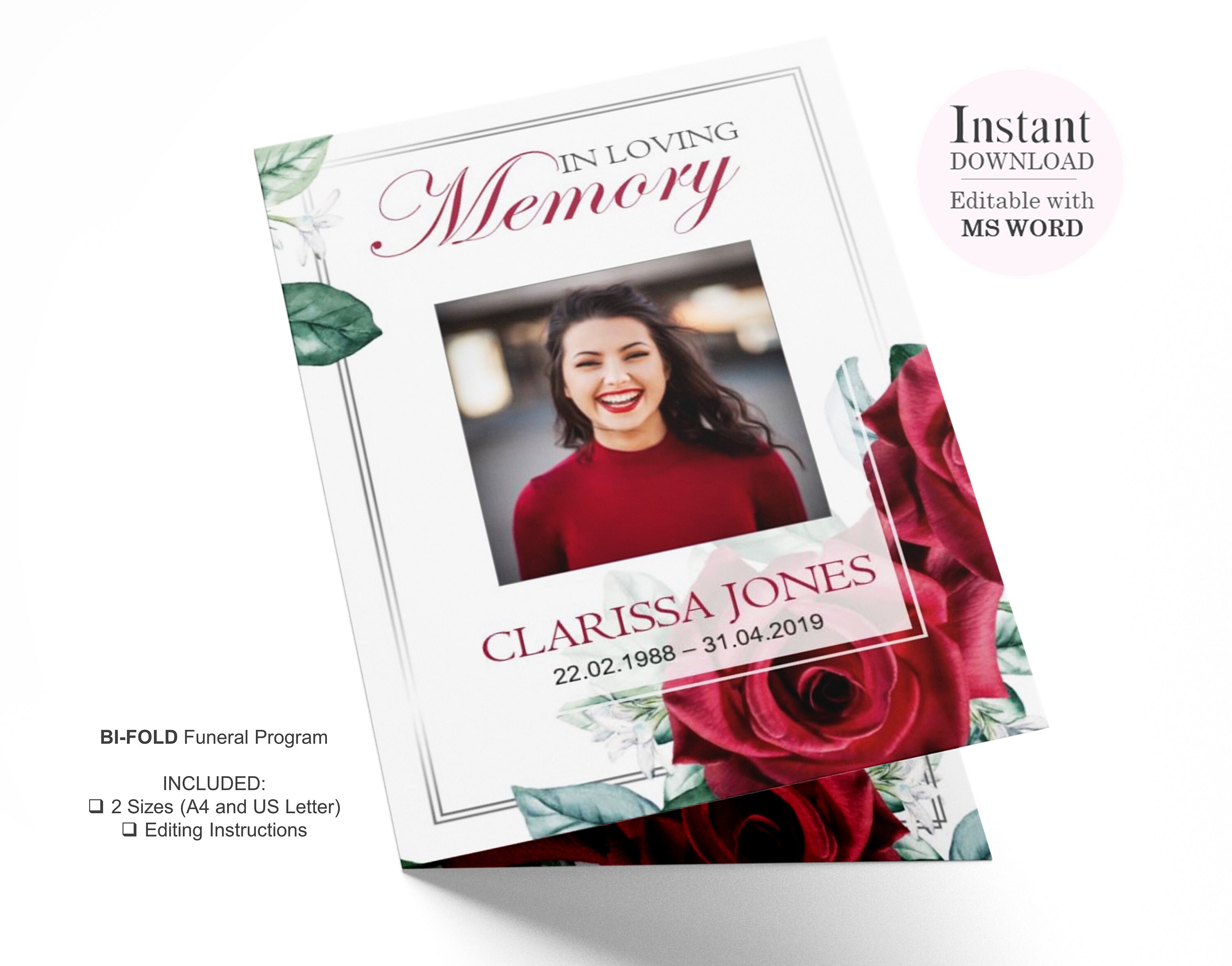4 Page Red Roses Funeral Program Template Celebration of - Etsy