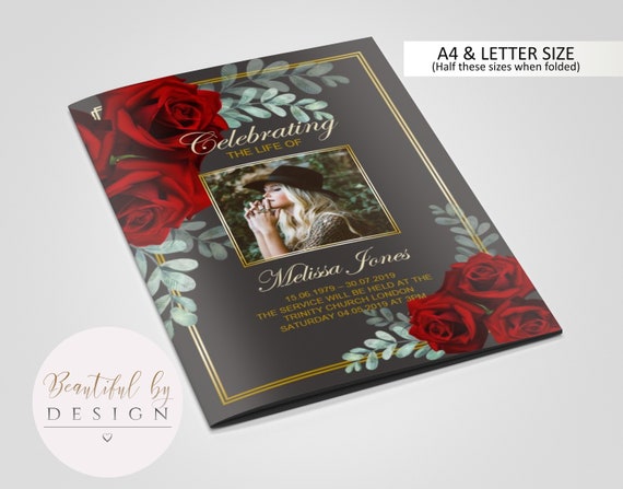 8 Page Red Gold Funeral Program Template Celebration of Life - Etsy