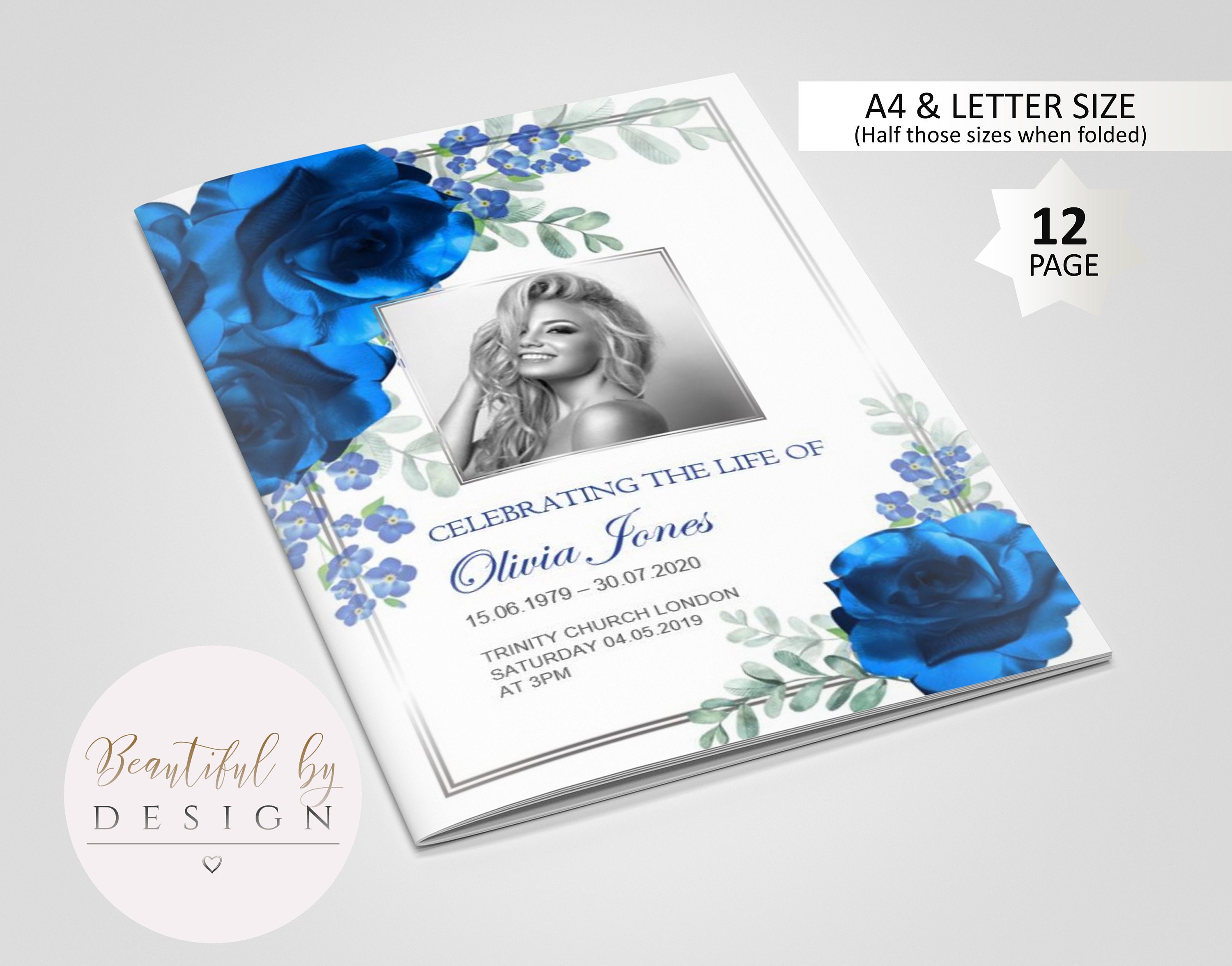 12 Page Blue Flower Funeral Program Template Celebration of - Etsy