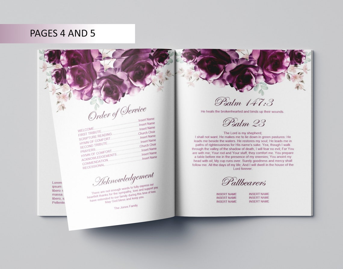 8 Page Purple Funeral Program Template in Tabloid size | Etsy