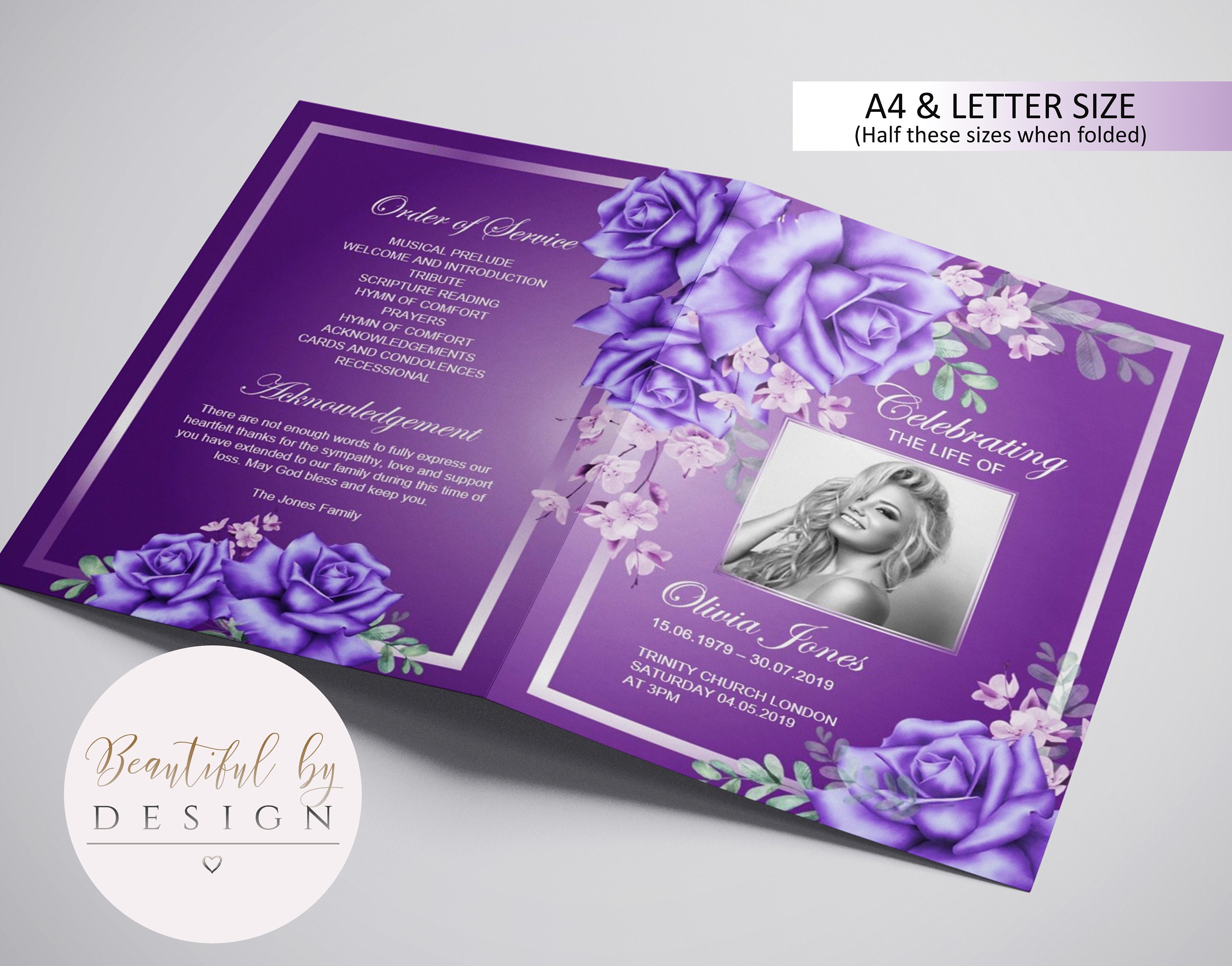 4 Page Purple and Lilac Funeral Program Template, Celebration of Life ...