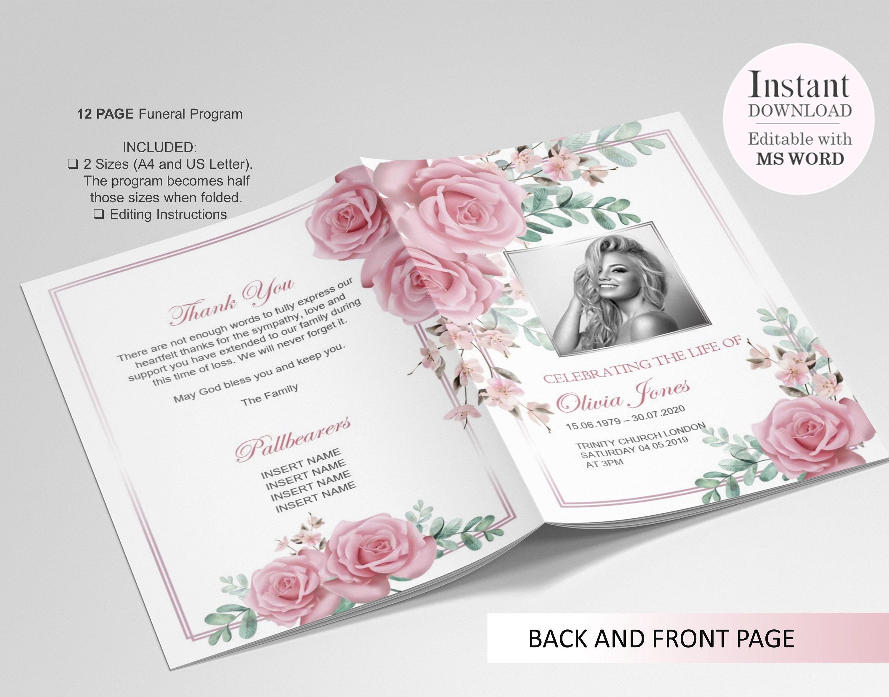 12 Page Pink Flowers Funeral Program Template Celebration of - Etsy