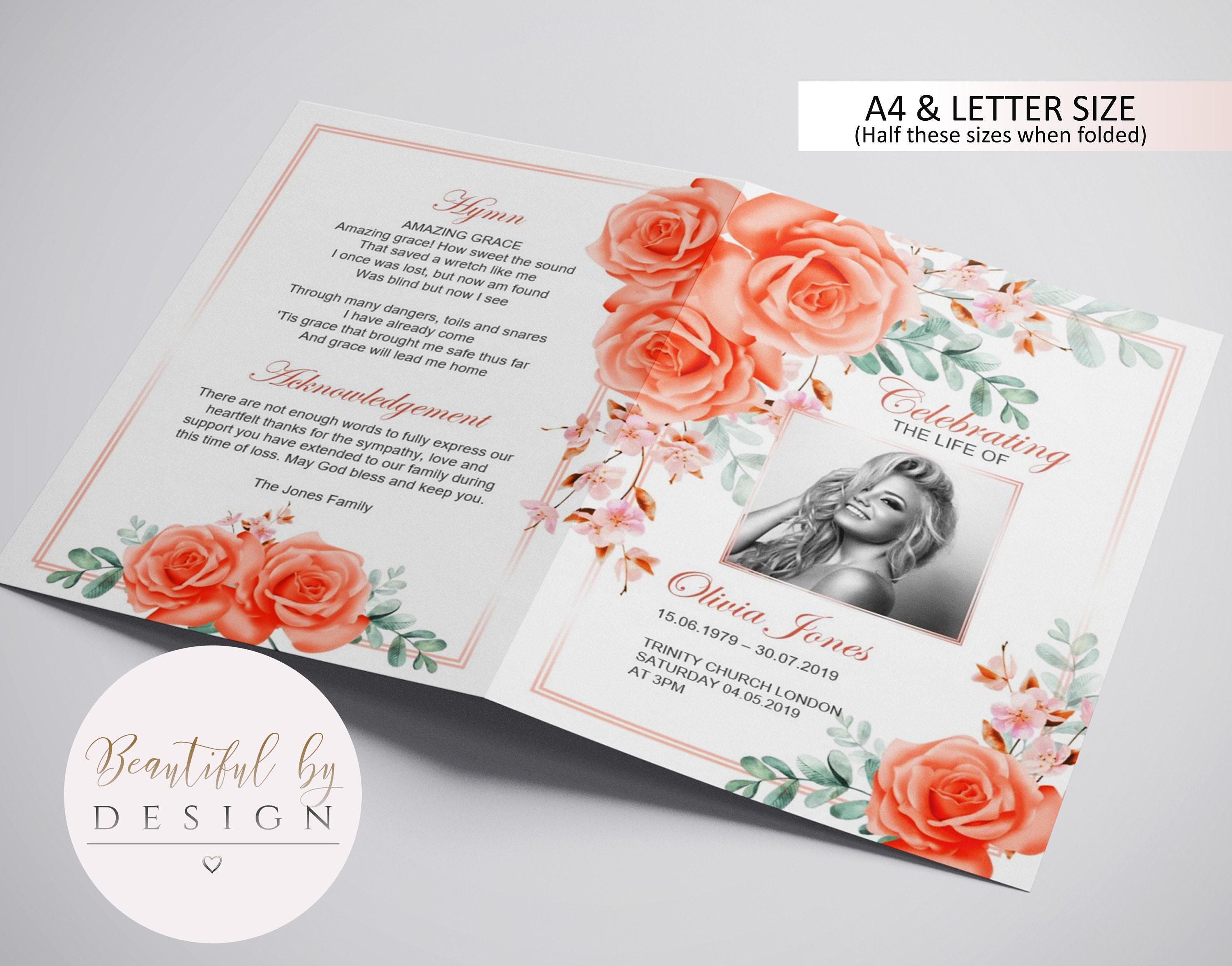 4 Page Peach / Orange Flowers Funeral Program Template - Etsy.de