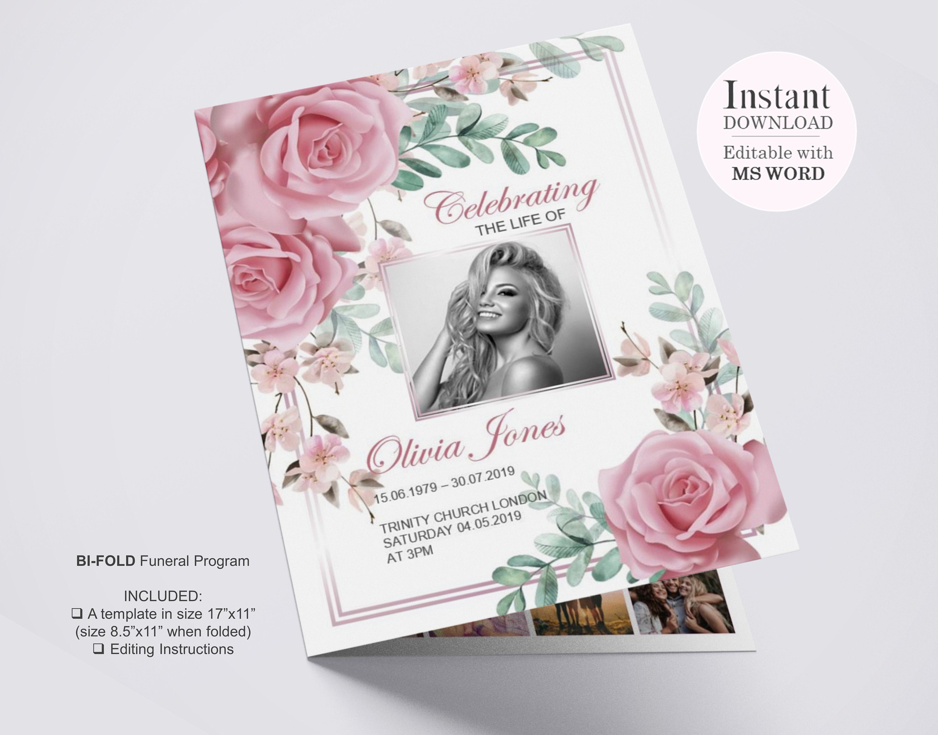 BI-FOLD Pink Flower Funeral Program Template Celebration of - Etsy