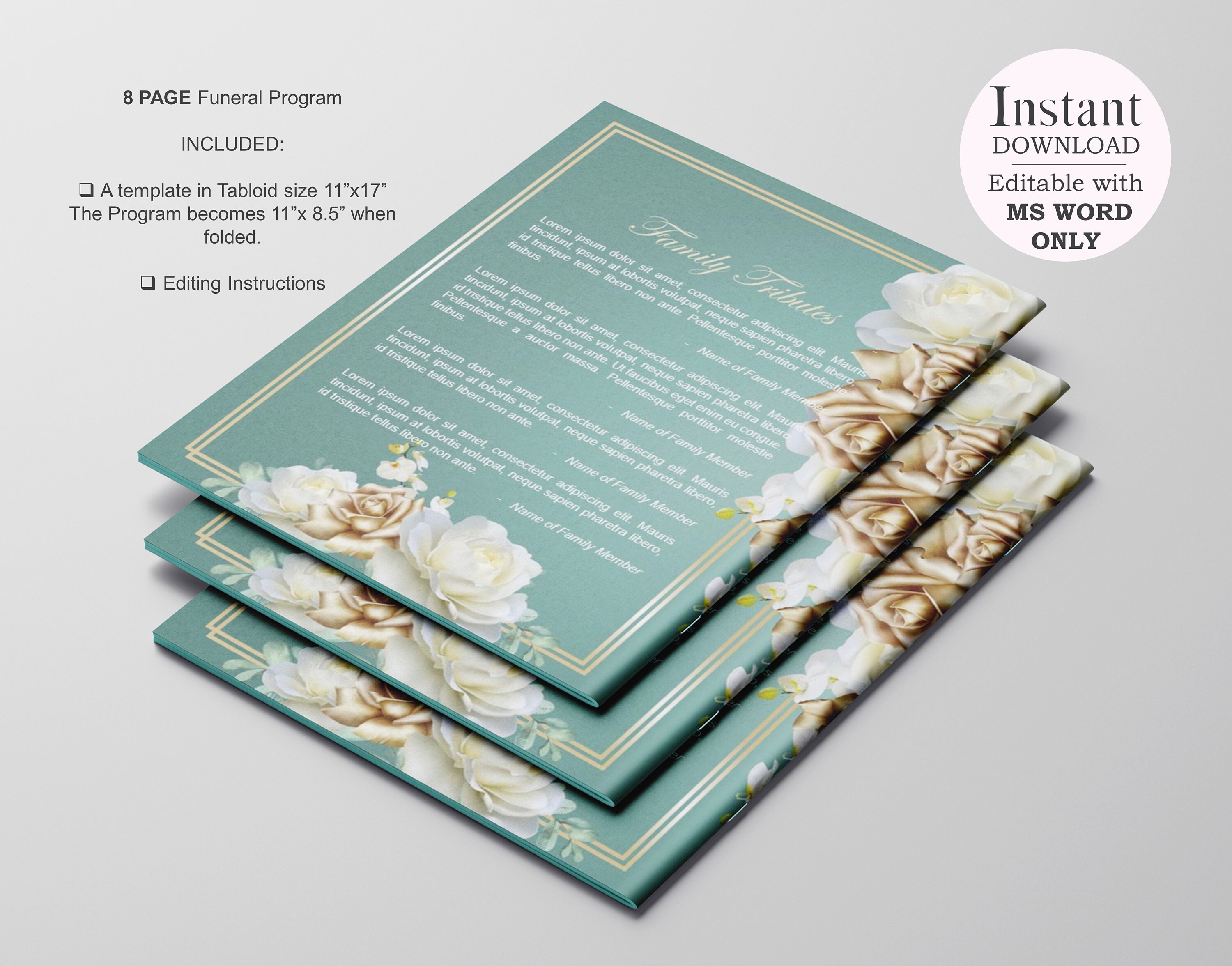 8 Page White & Gold Flowers on Jade-emerald Funeral Program Template ...