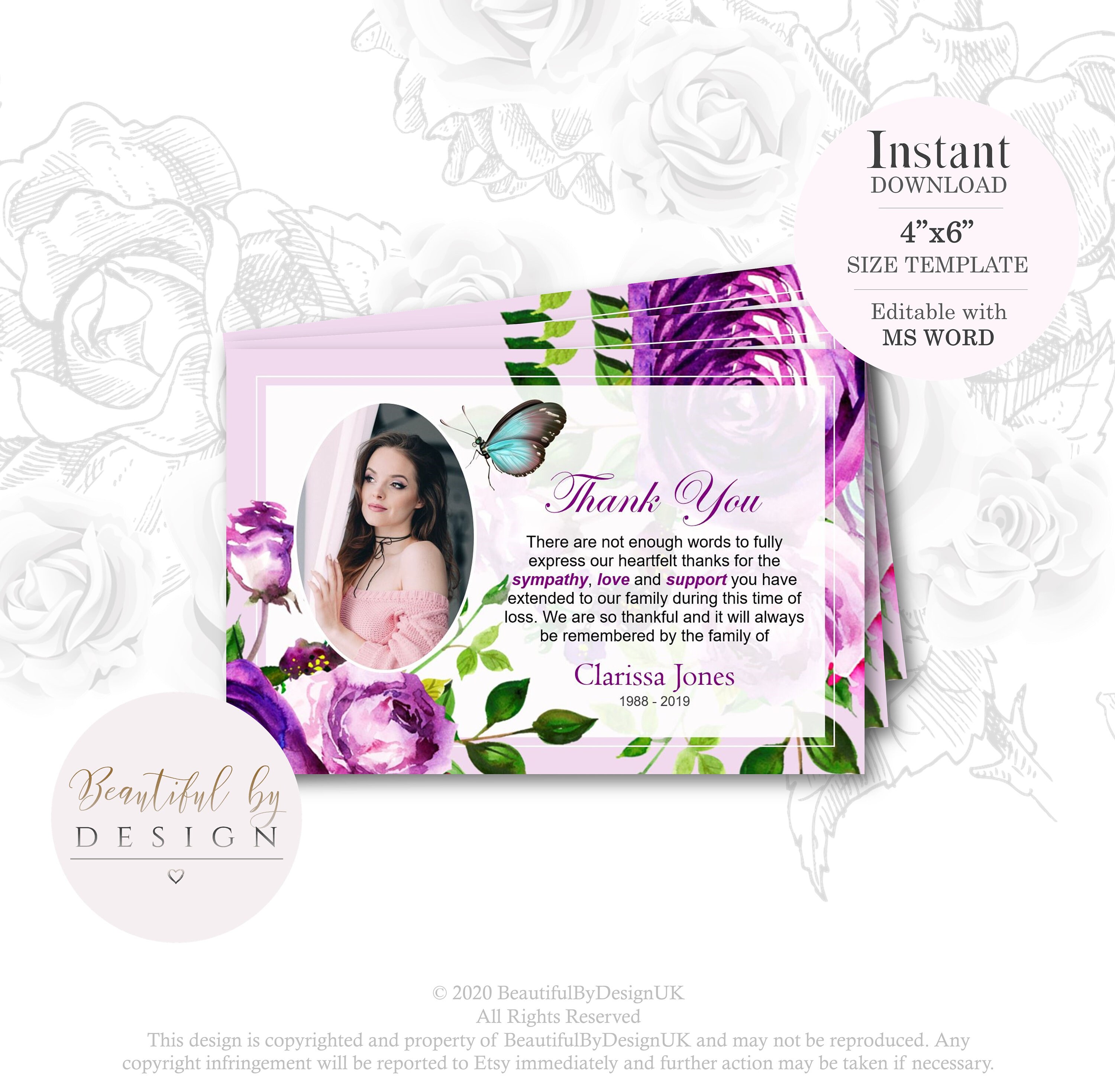 Purple Flowers Funeral Thank You Card With Photo in Loving | Etsy