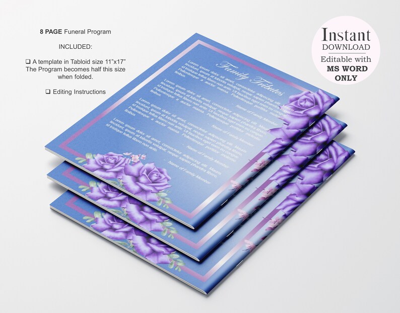 8 Page Blue and Lilac Funeral Program Template in Tabloid Size 11"x17 ...