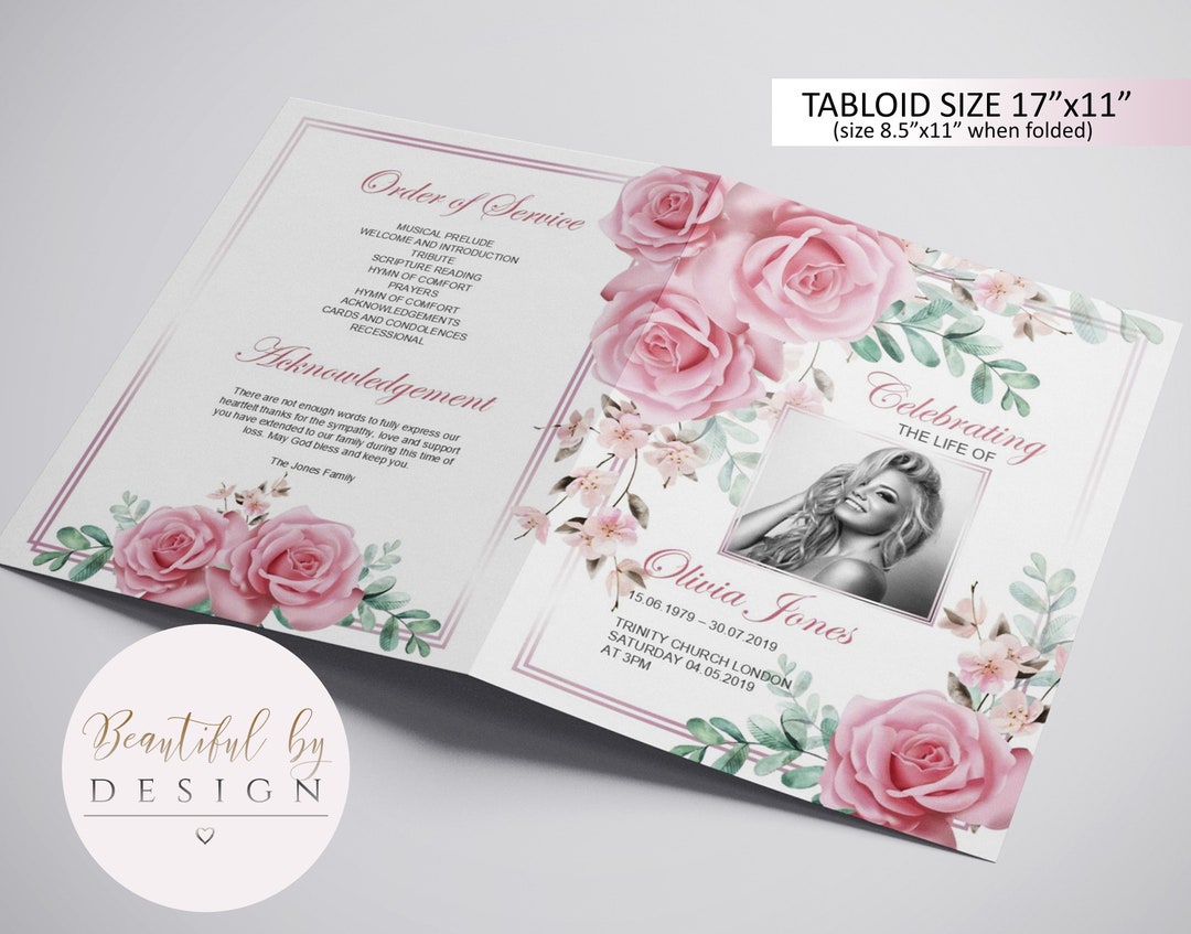 BI-FOLD Pink Flower Funeral Program Template, Celebration of Life ...