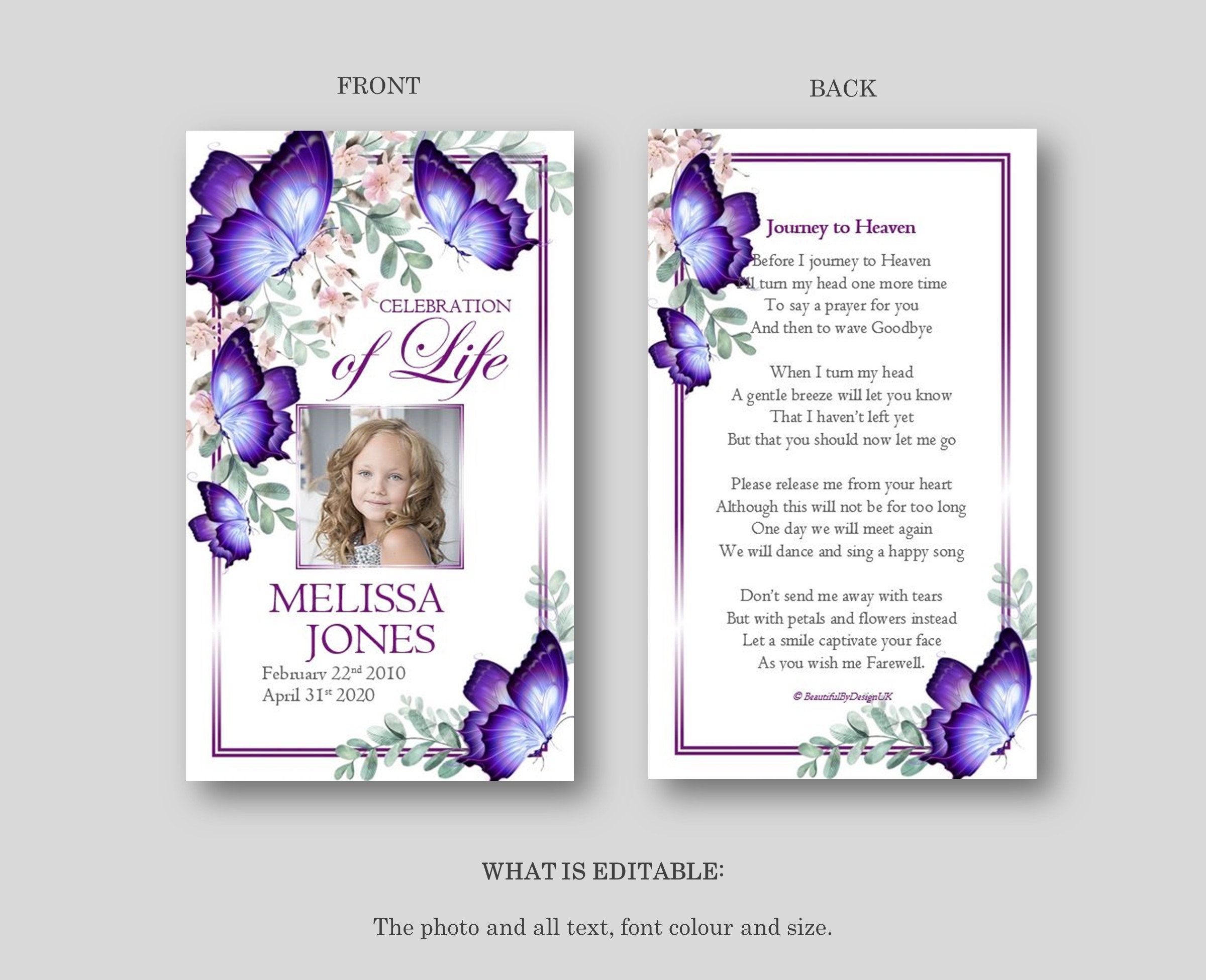 Blue Butterfly Funeral Prayer Card/bookmark With Photo in | Etsy