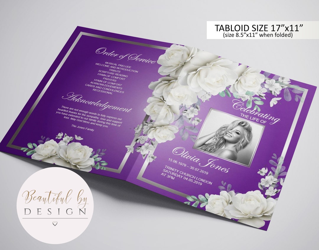 BI-FOLD White Flowers Purple Background Funeral Program Template ...