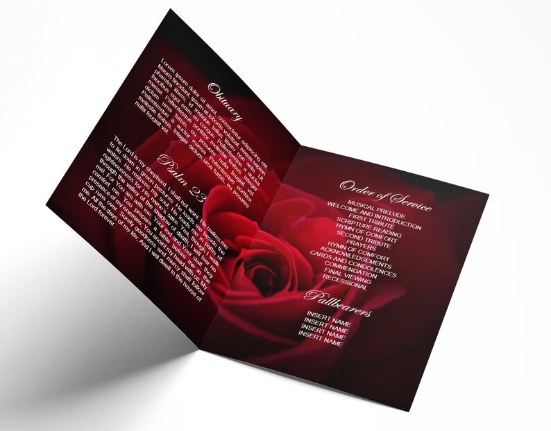 4 Page Red Rose Funeral Program Template for Women - Etsy