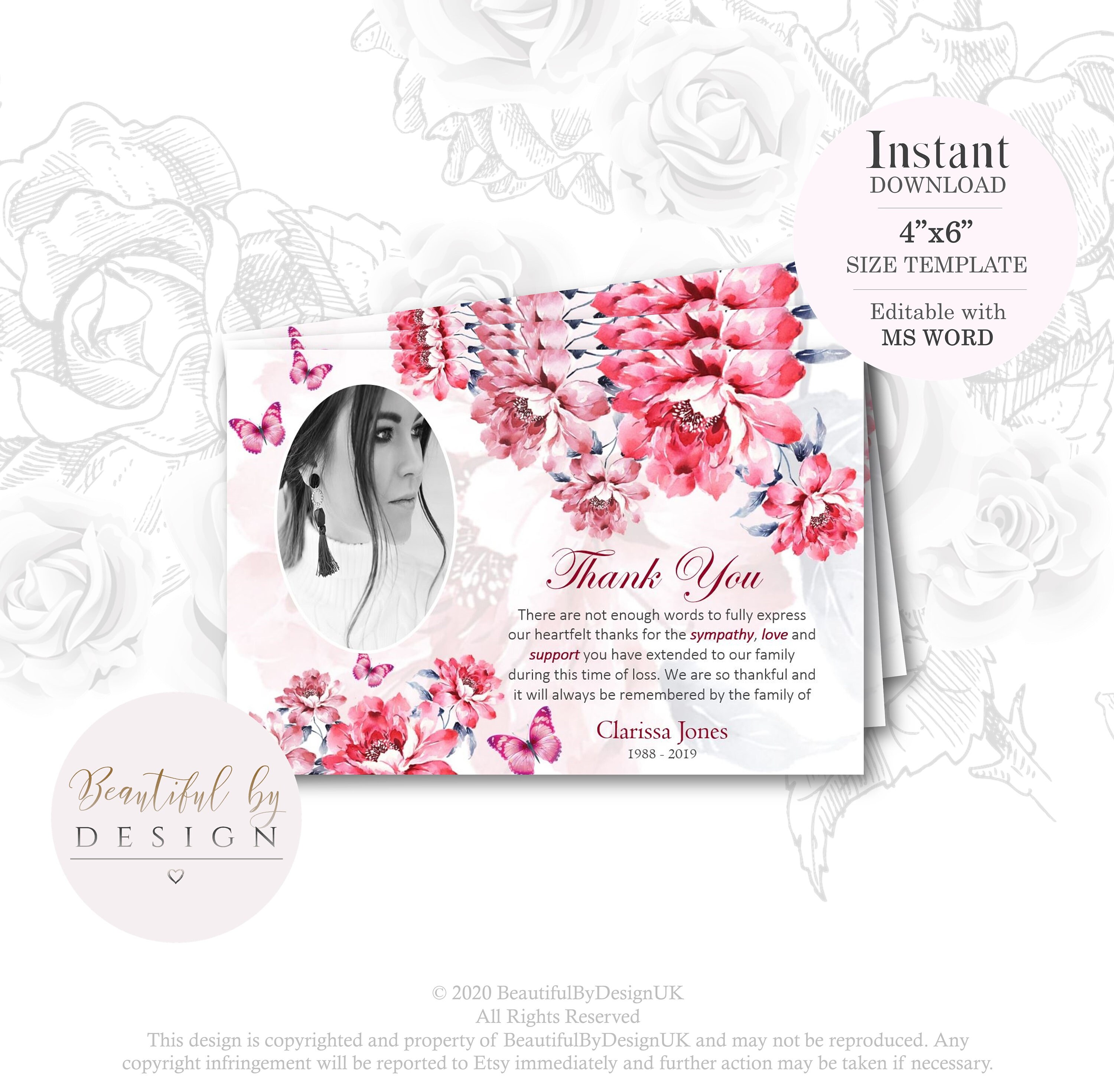 Red Flowers Funeral Thank You Card With Photo in Loving | Etsy