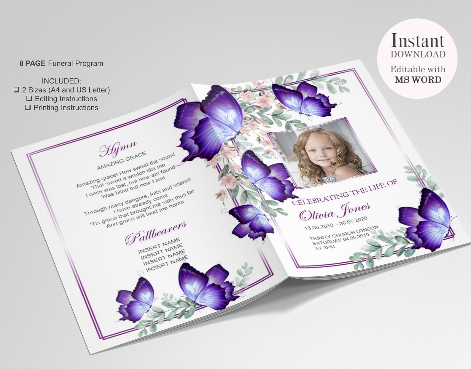 8 Page Blue Butterflies Funeral Program Template for Children | Etsy