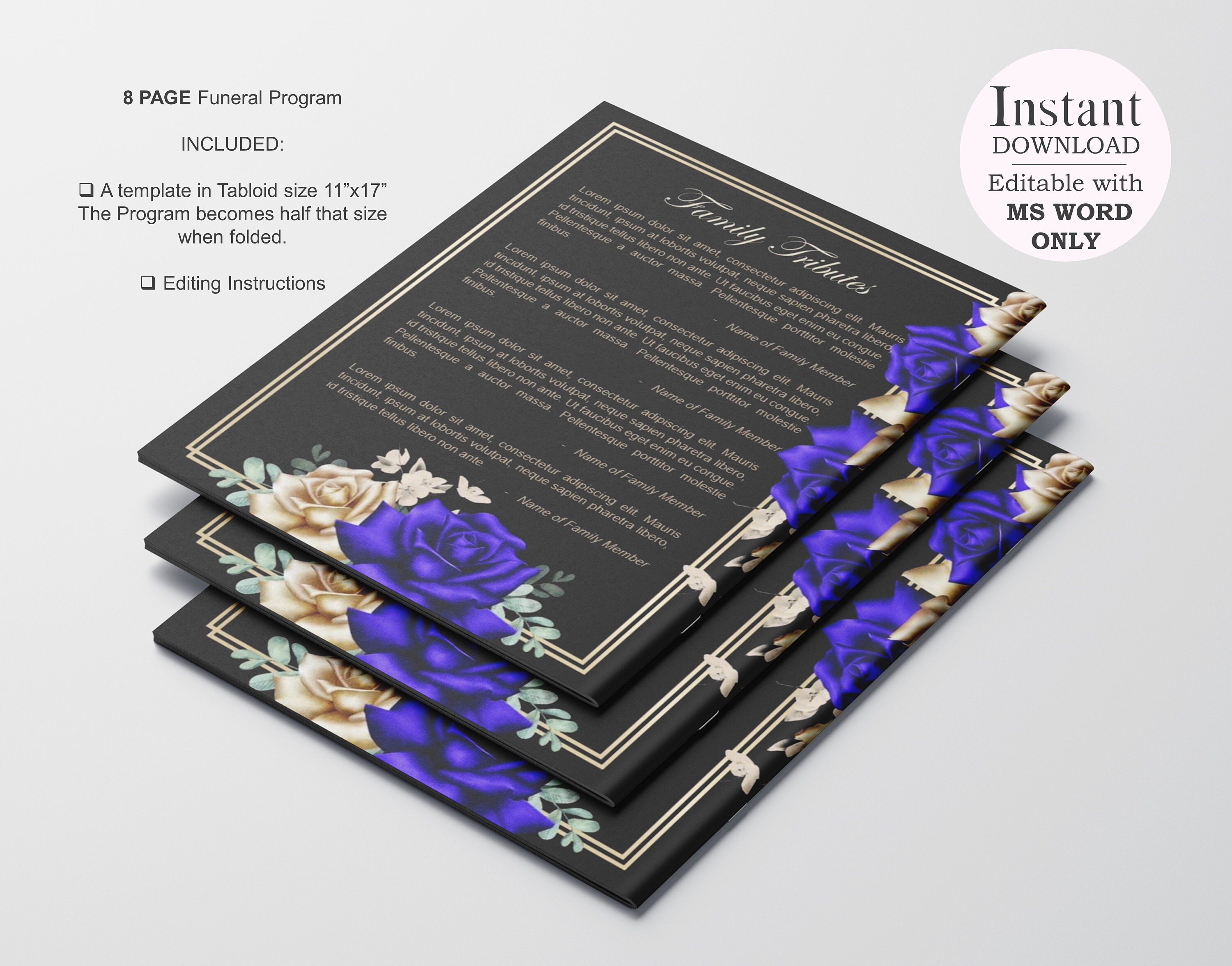 8 Page Royal Blue and Gold Flowers Background Funeral Program - Etsy ...