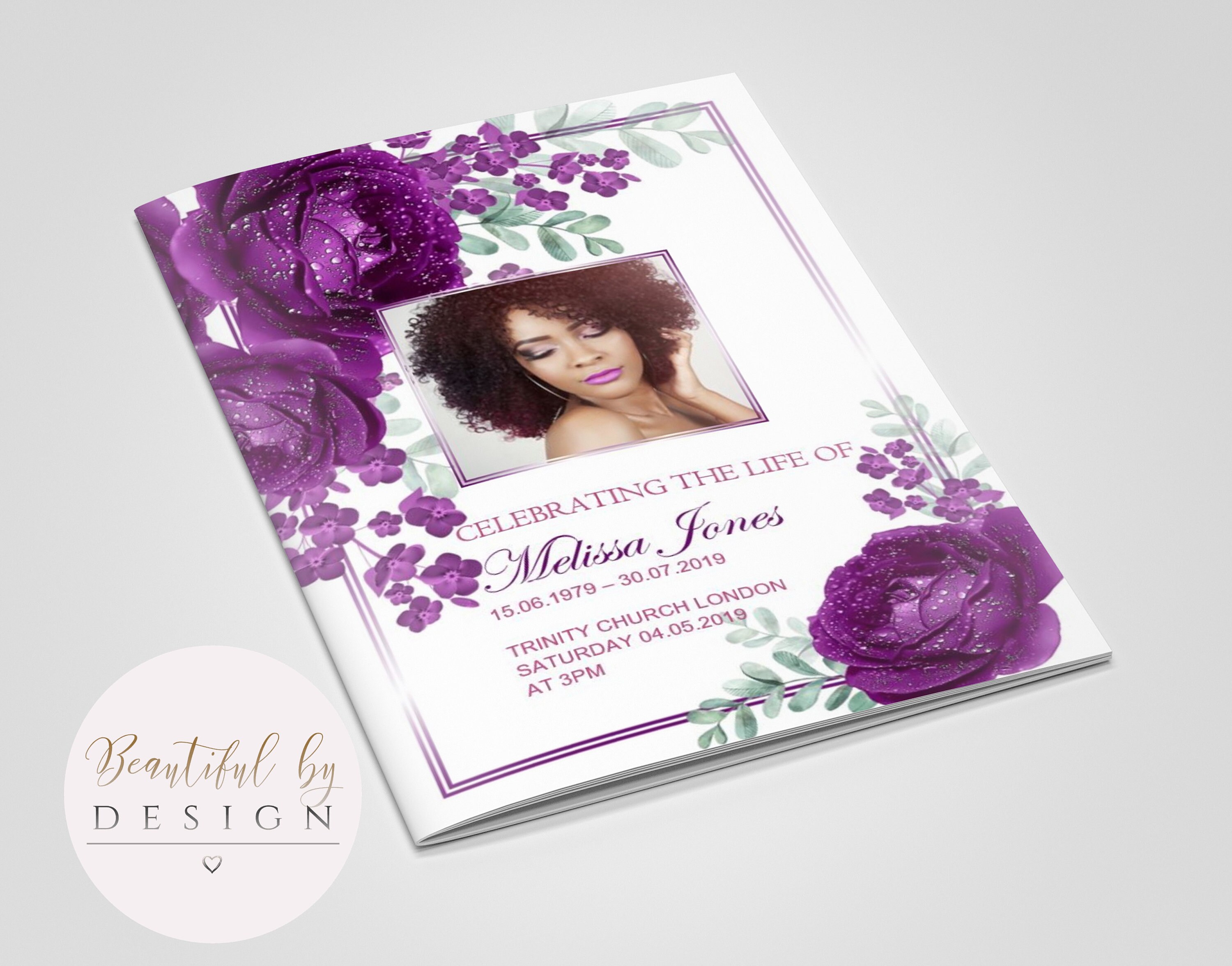 8 Page Purple Roses Funeral Program Template Celebration of | Etsy
