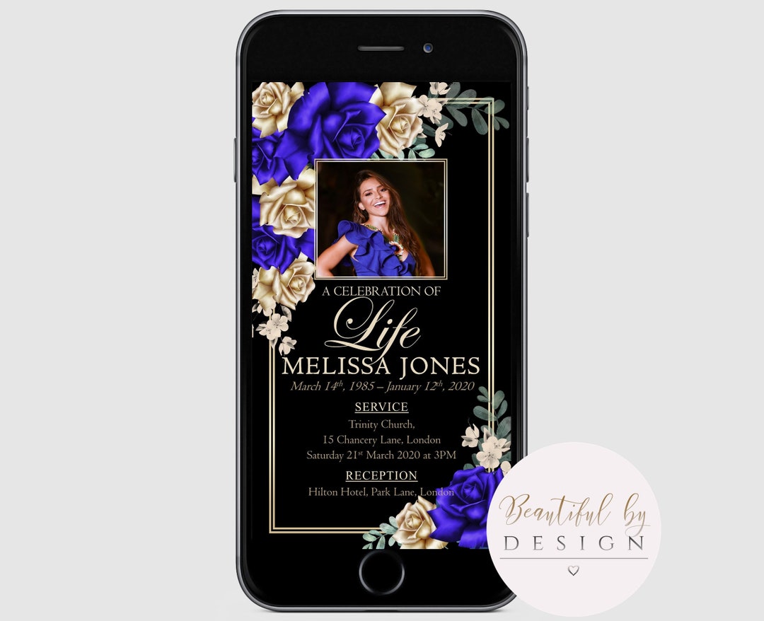 Royal Blue and Gold Flowers Electronic Memorial Announcement Invitation ...
