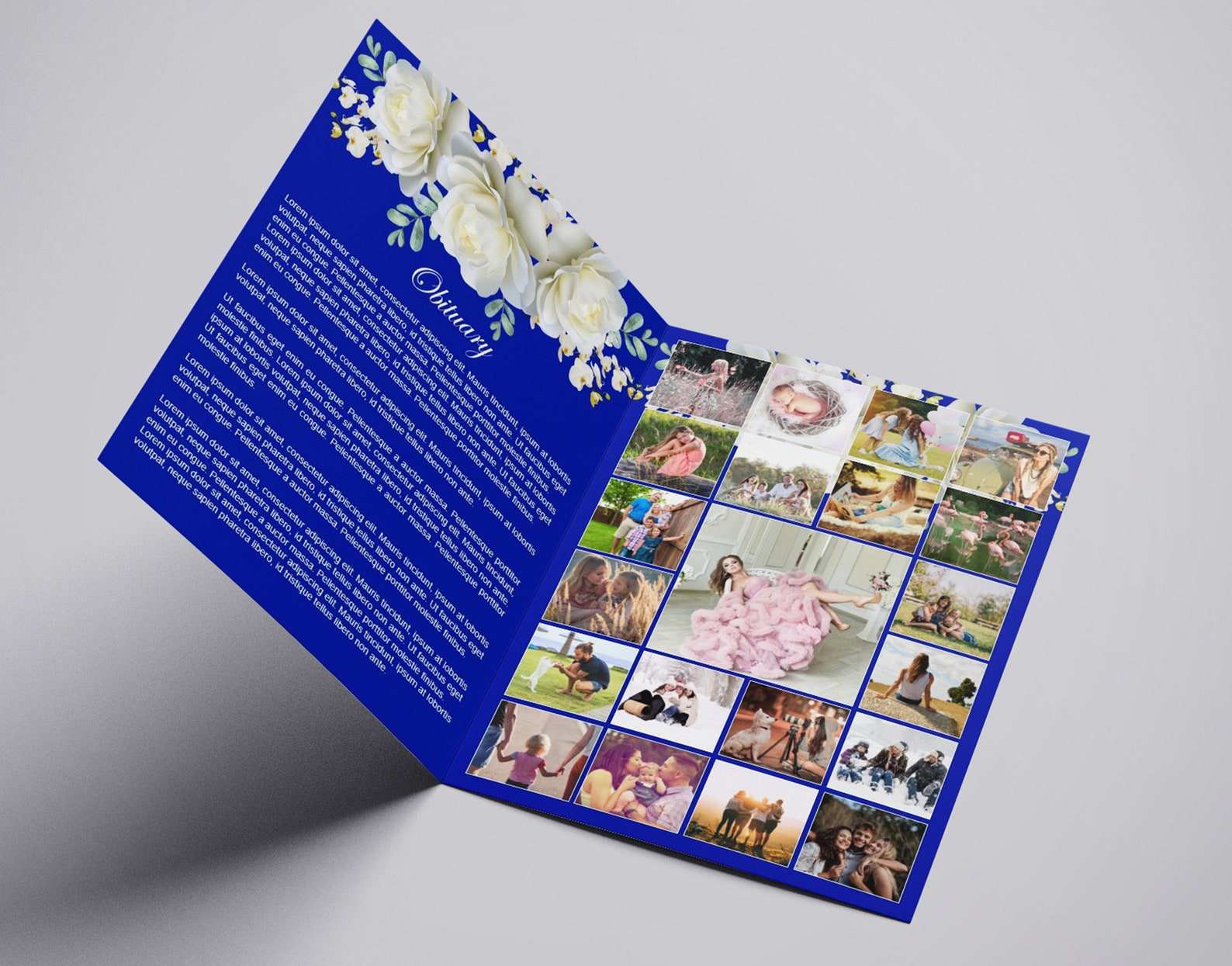 BI-FOLD White Flowers Royal Blue Background Funeral Program Template ...