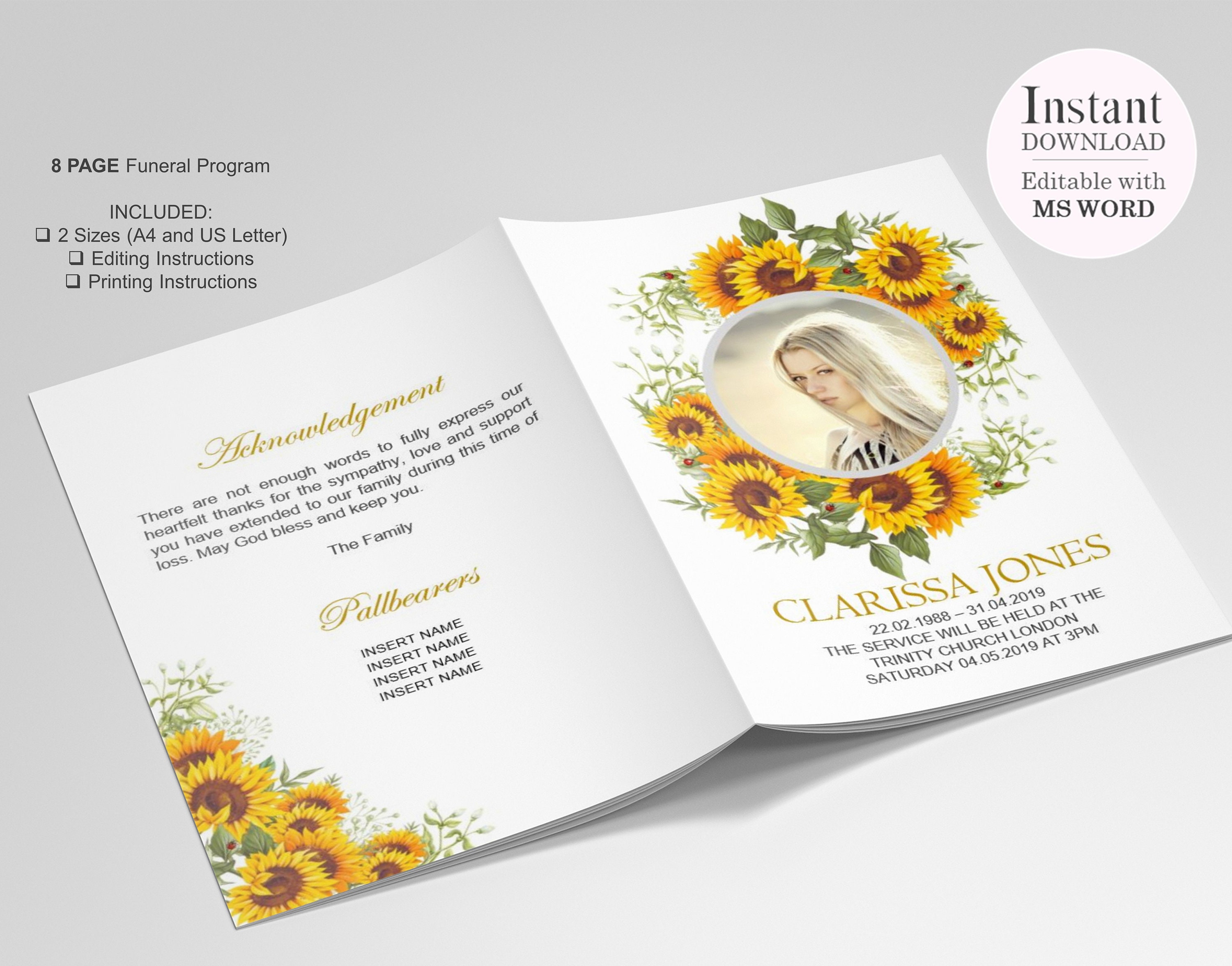 8 Page Sunflower Funeral Program Template Celebration of | Etsy