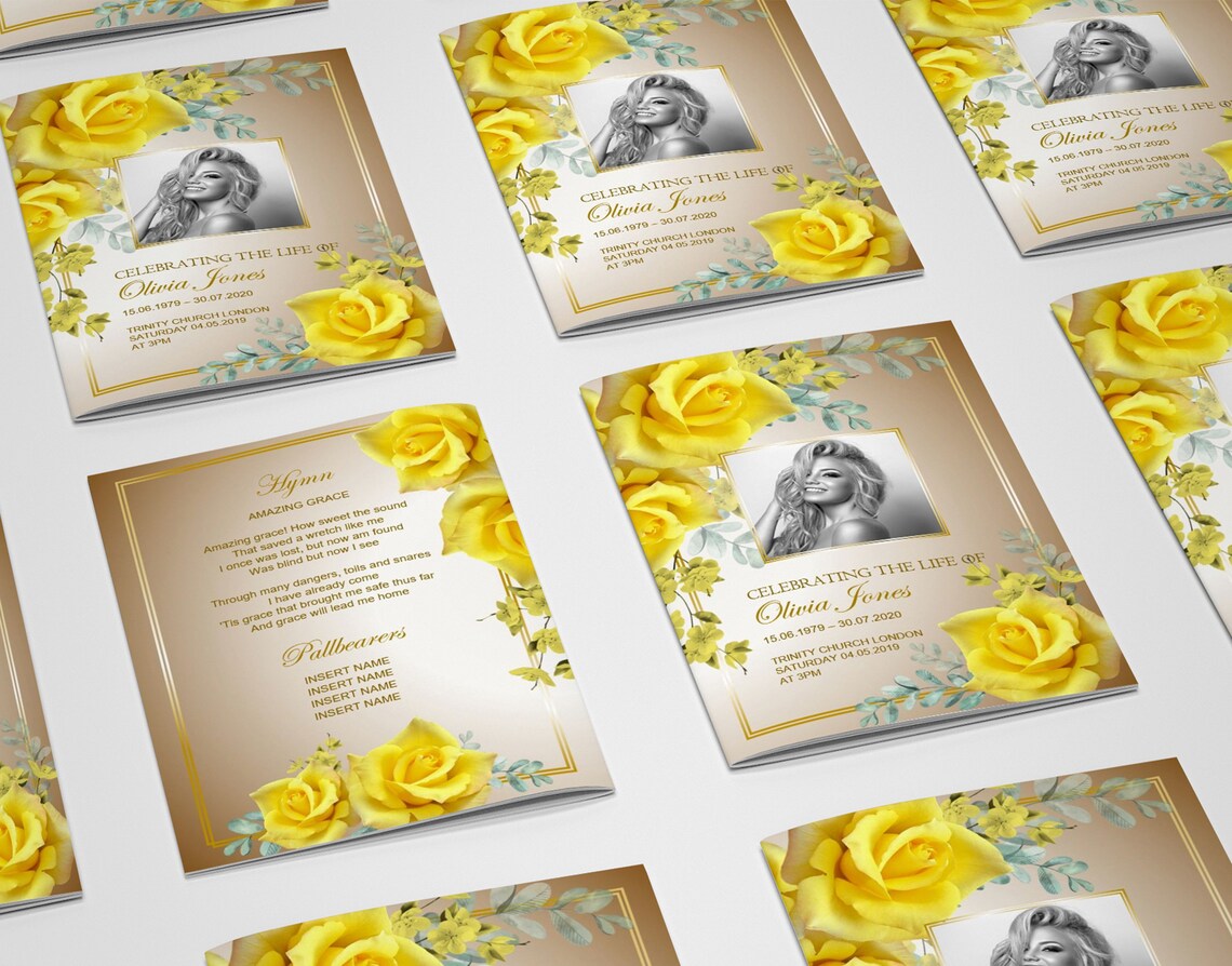 8 Page Yellow Flowers Funeral Program Template, Celebration of Life ...