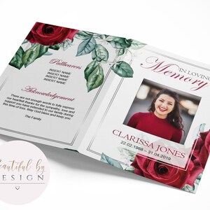 4 Page Red Roses Funeral Program Template, Celebration of Life ...