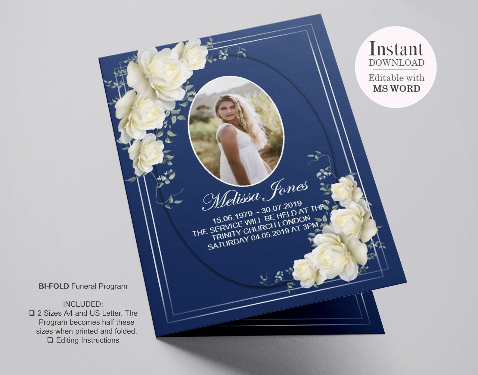 4 Page Elegant Navy Funeral Program Template, Celebration of Life ...