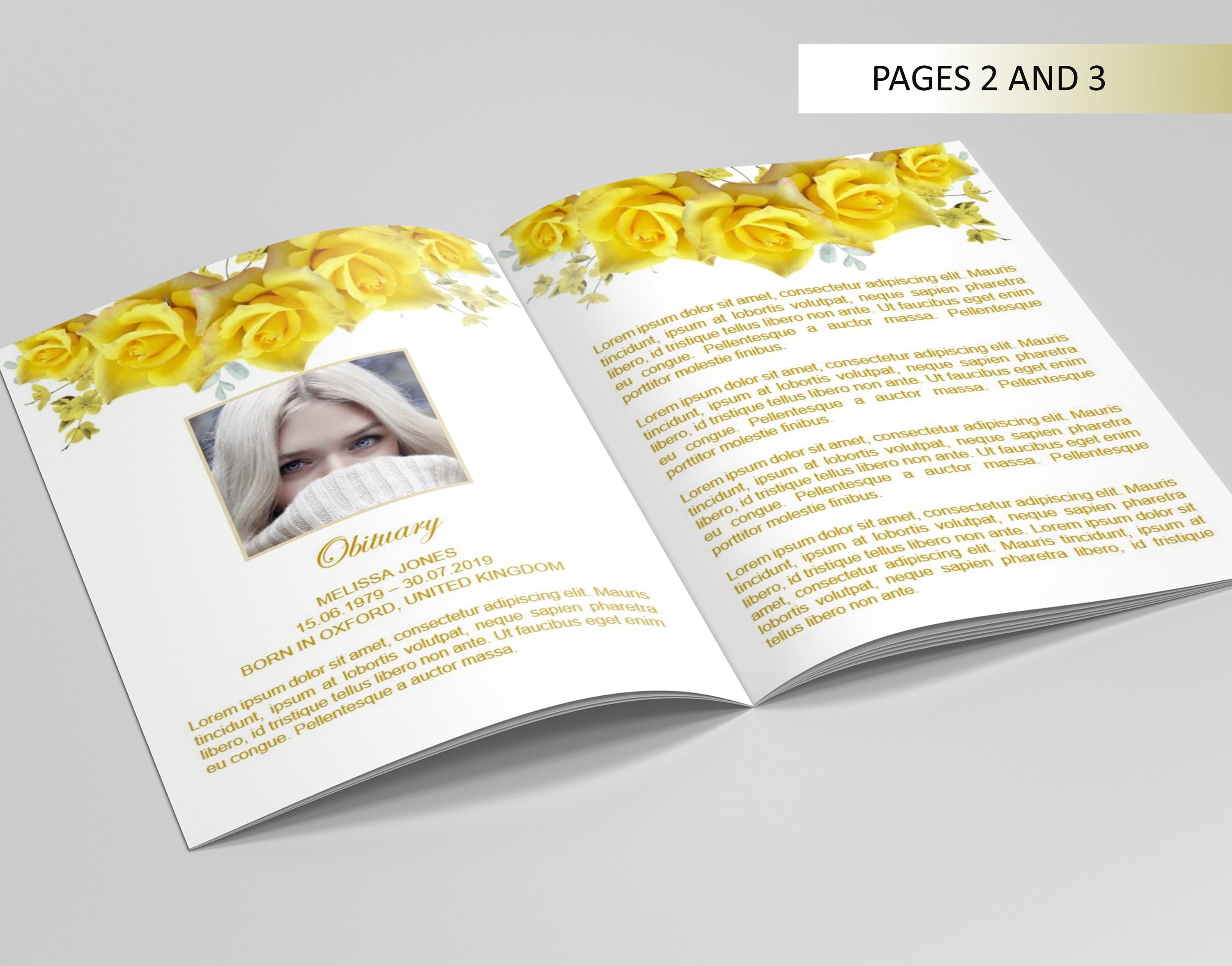8 Page Yellow Flower Funeral Program Template, Celebration of Life ...