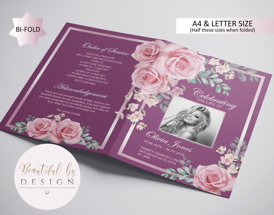 4 Page Pink Flowers Funeral Program Template, Celebration of Life ...