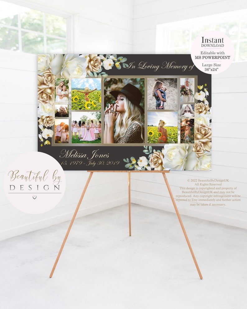 Gold and White Rose Memorial Photo Collage Template Large | Etsy