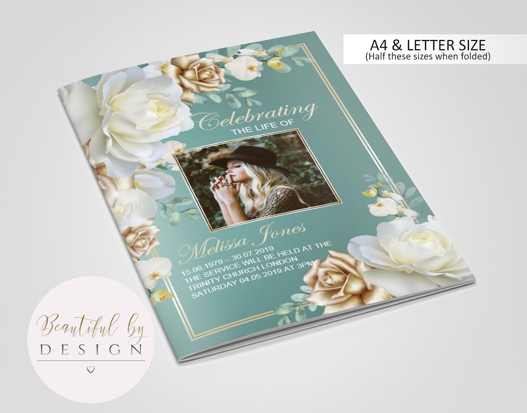 8 Page White & Gold Flowers on Jade-emerald Funeral Program Template ...