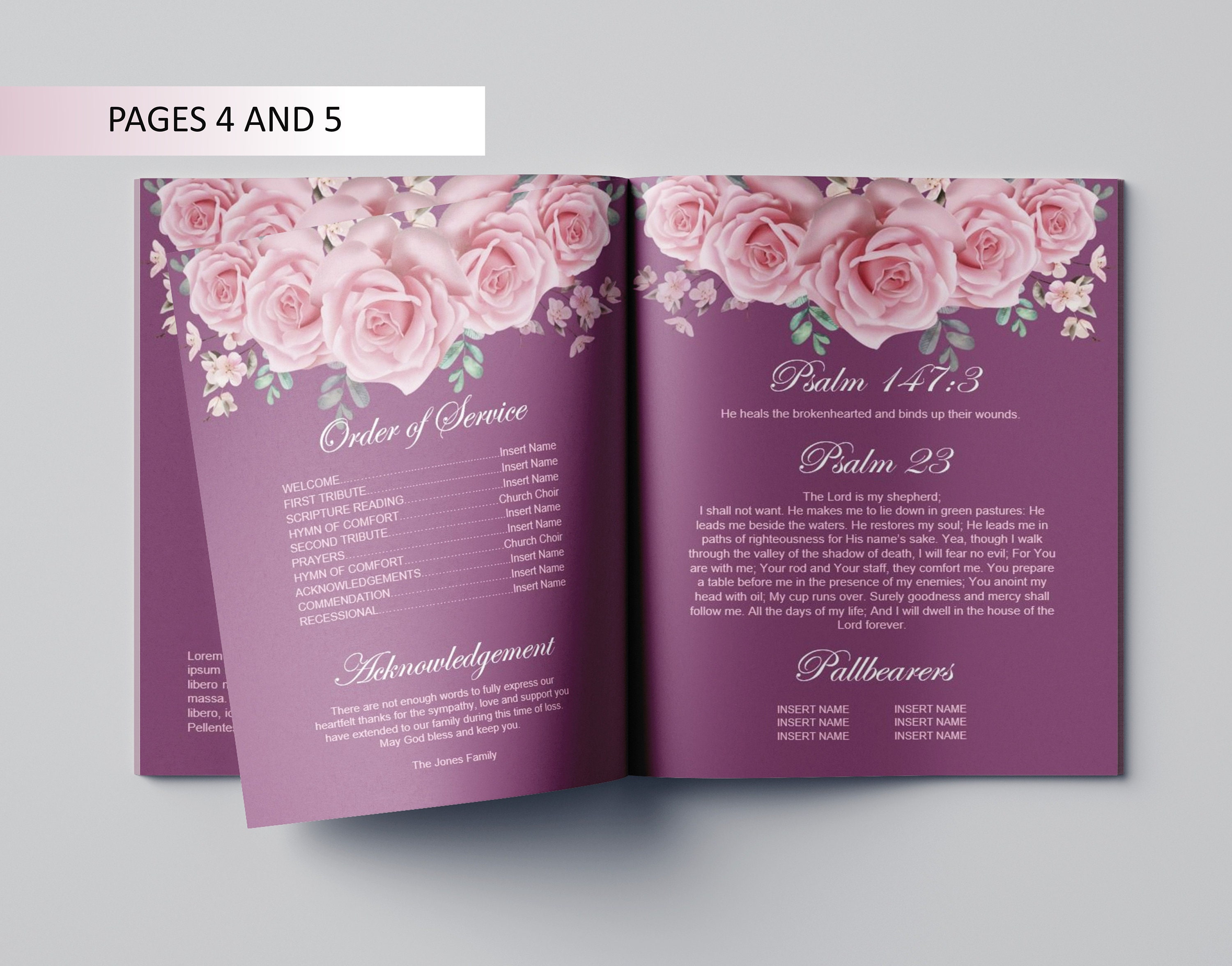 8 Page Pink Flowers Background Funeral Program Template - Etsy