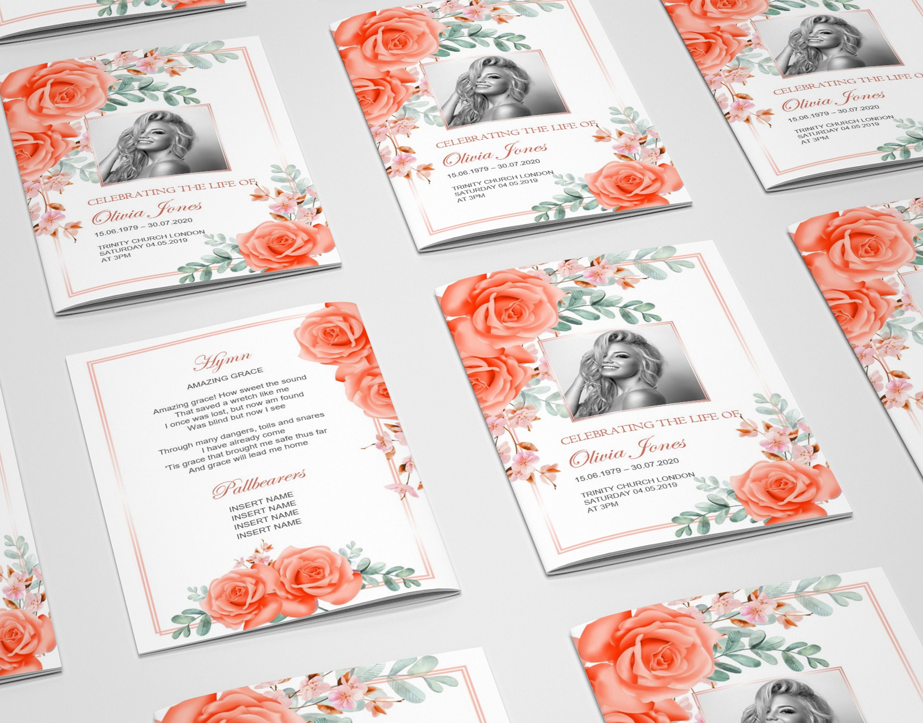 8 Page Peach / Orange Flowers Funeral Program Template, Celebration of ...