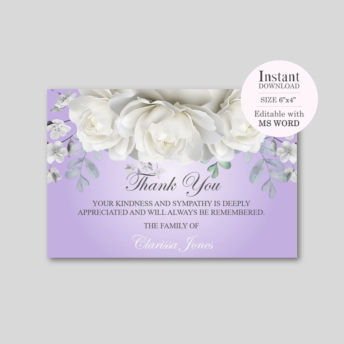 Thank You Card in Lilac, in Loving Memory, Sympathy Thank You Card ...