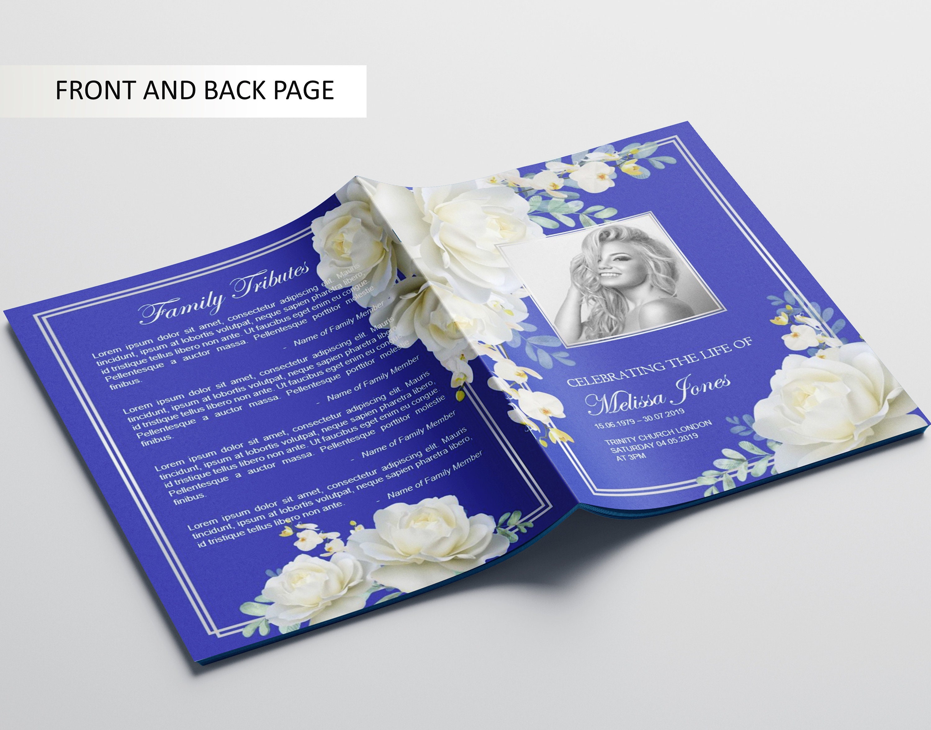 8 Page White Flowers Royal Blue Background Funeral Program - Etsy