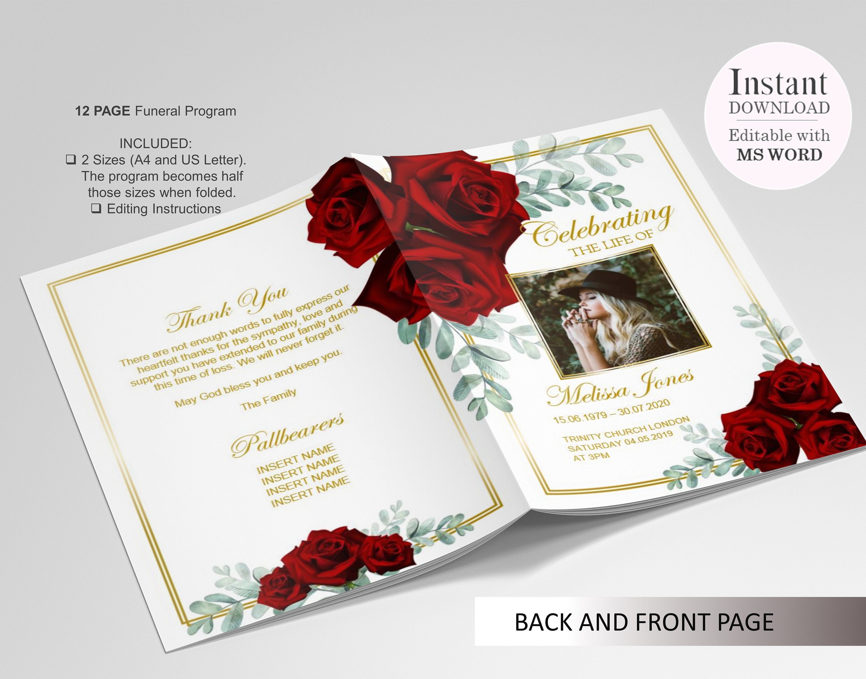 12 Page Red Gold Funeral Program Template Celebration of - Etsy